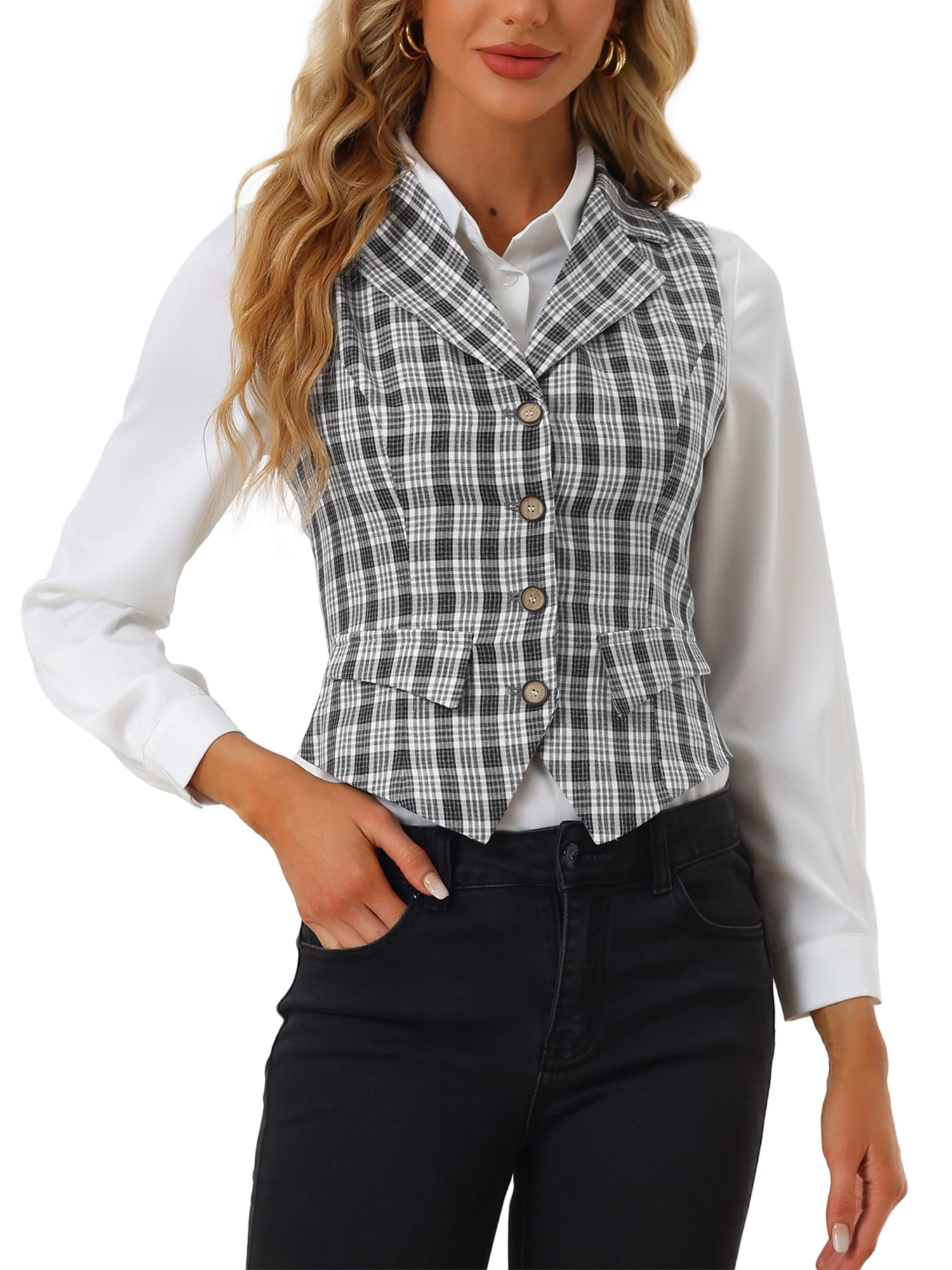 INSPIRE CHIC Women's Waistcoat Notched Lapel V Neck Single Breasted ...