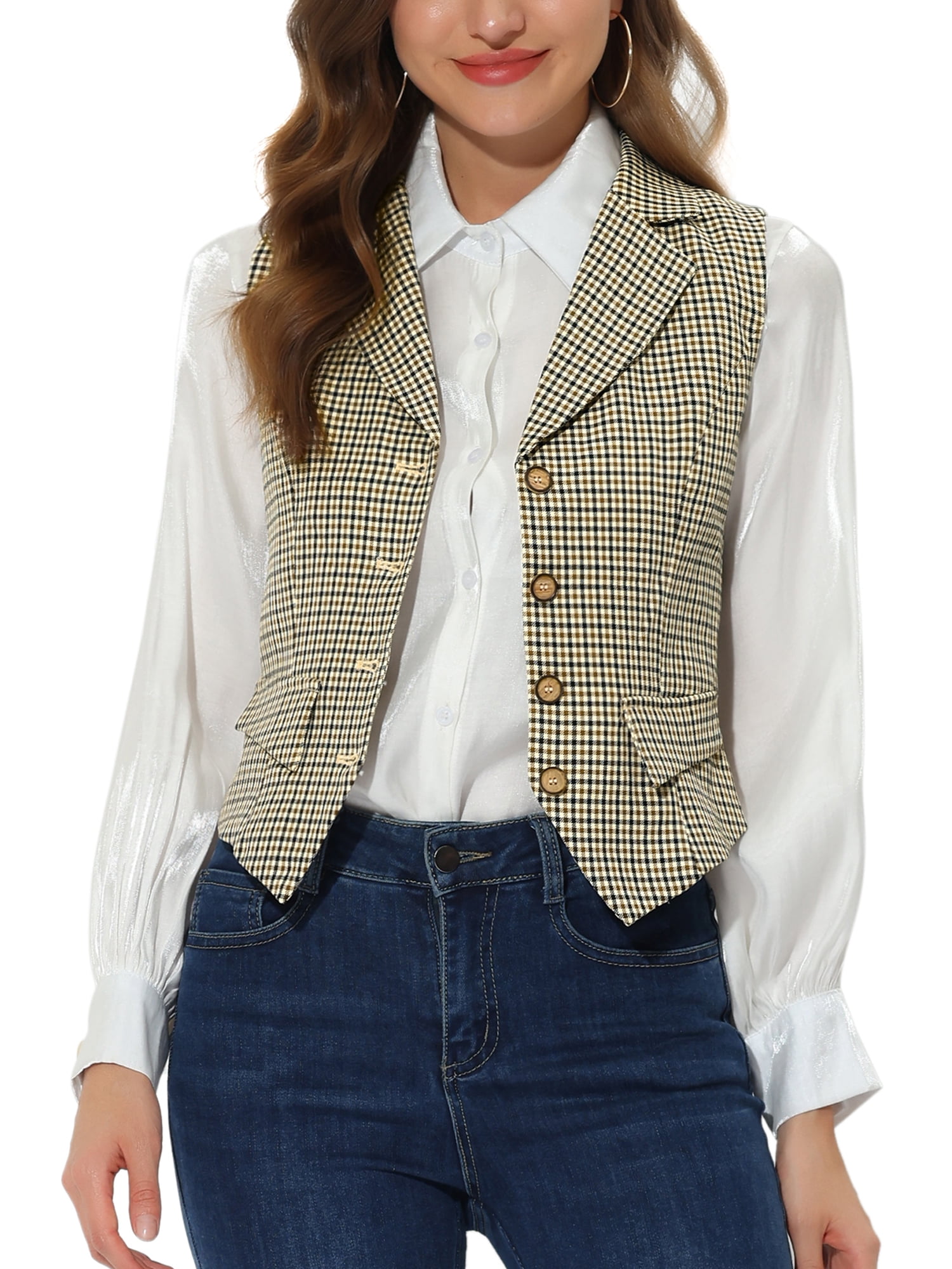 INSPIRE CHIC Women's Waistcoat Notched Lapel V Neck Single Breasted ...