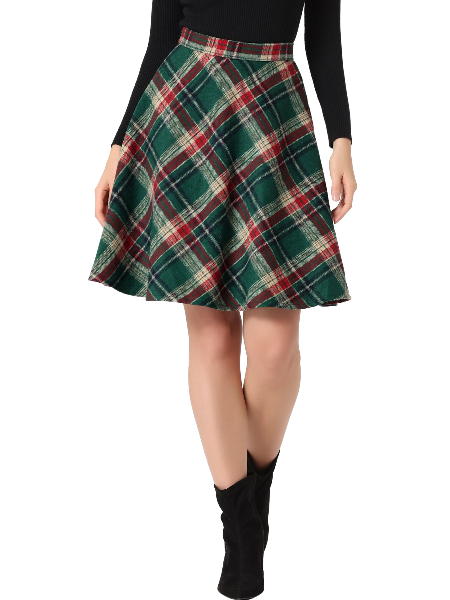 Allegra K Women's Plaids Elastic Waist Knee Length A-Line Skirt, Green ...