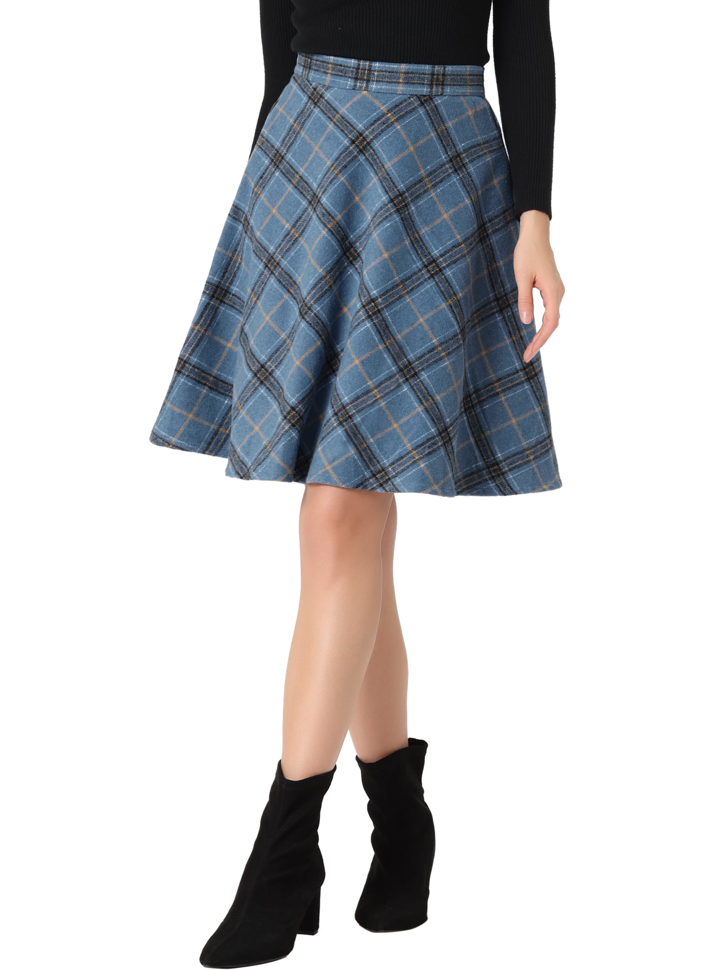 Allegra K Women's Plaids Elastic Waist Knee Length Worsted A Line Skirt ...