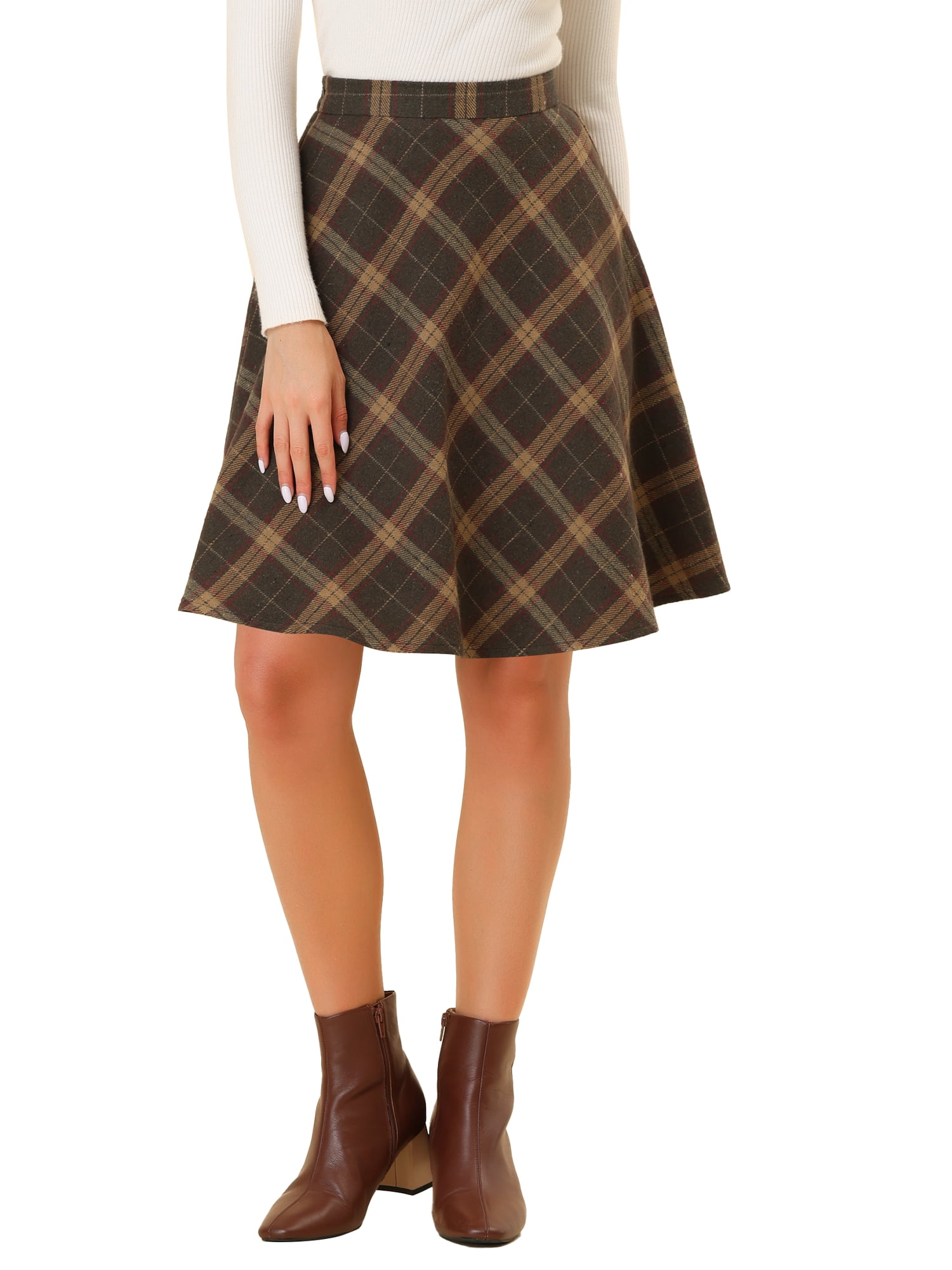 Allegra K Womens Plaids Elastic Waist Knee Length Worsted A Line Skirt