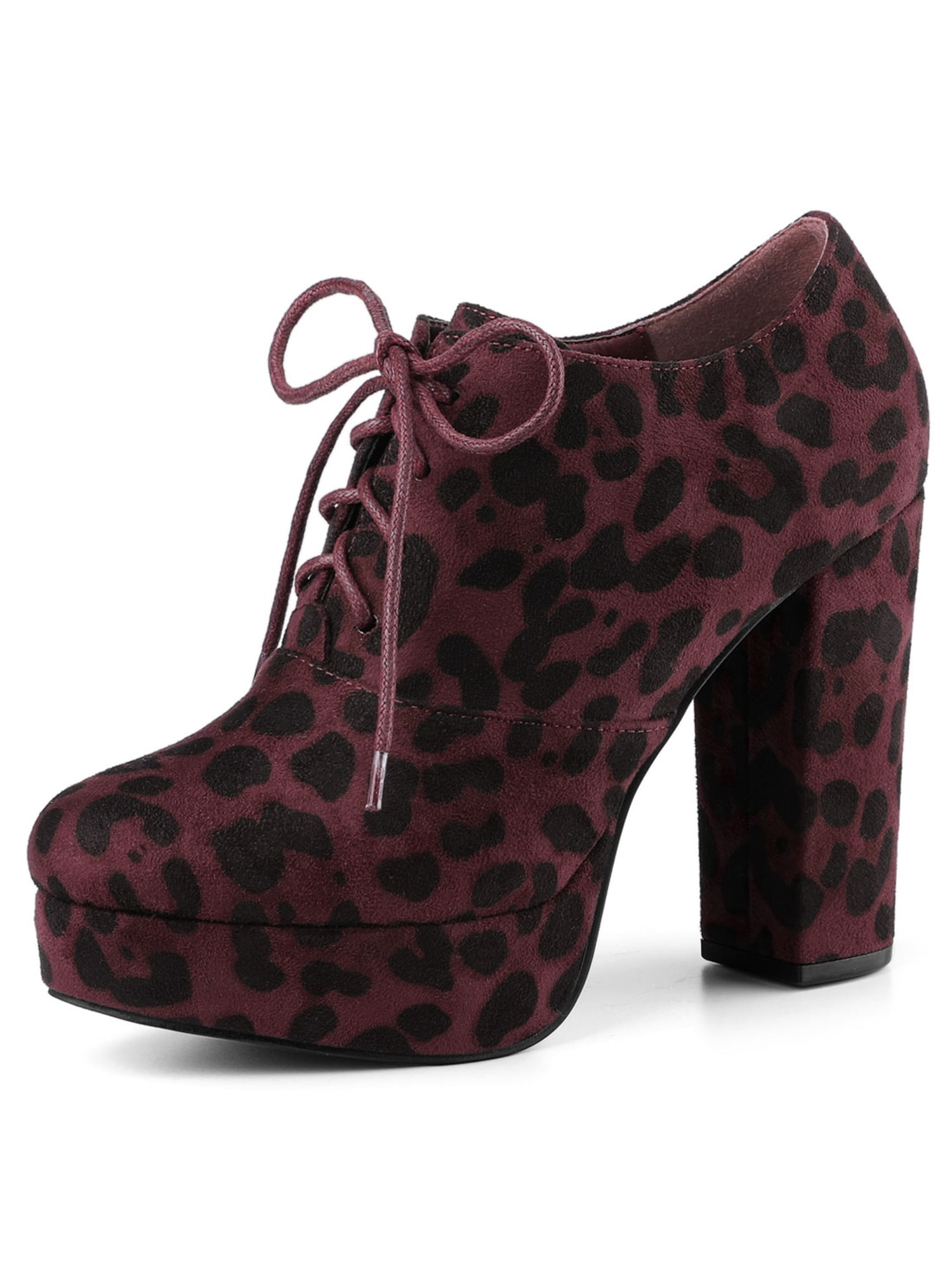 Allegra K Women's Platform Block Heel Lace Up Booties Burgundy Leopard ...