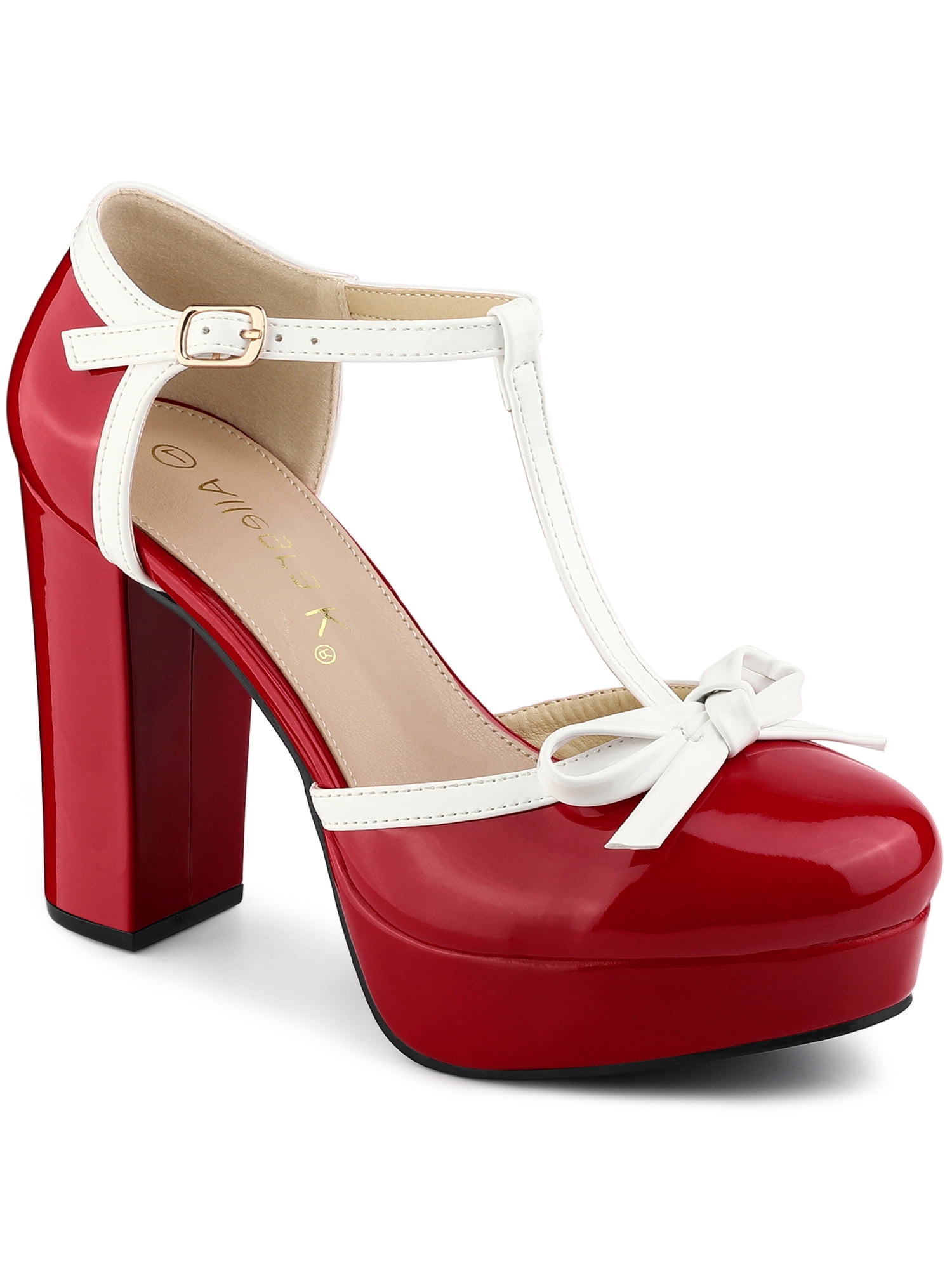 BLISSFUL STEP Women's Platform T Strap Bow Vintage Block Heels Pumps ...