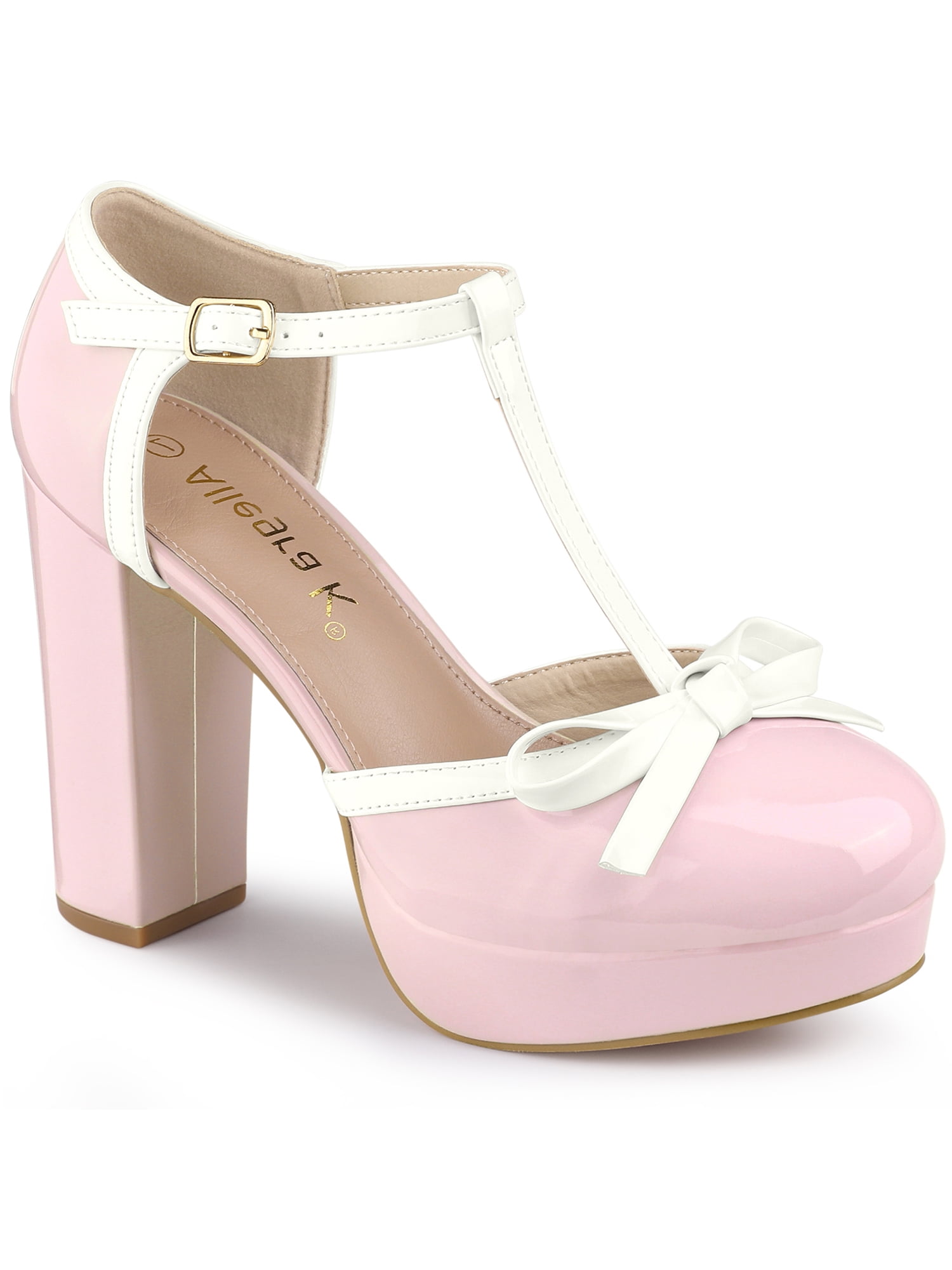 BlESSFUL STEP Women's Platform T Strap Bow Vintage Block Heels Pumps ...