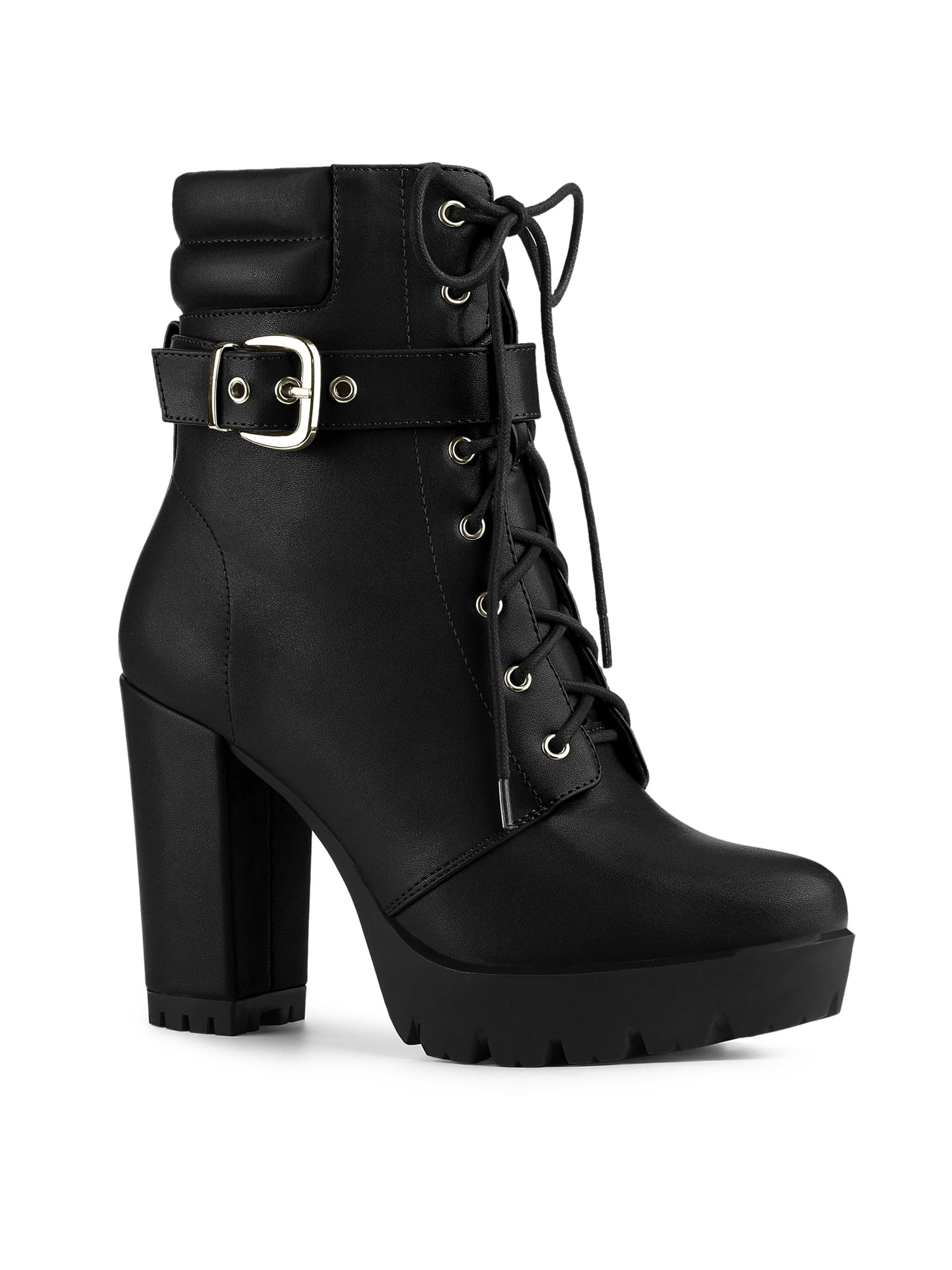 BLISSFUL STEP Women's Platform Buckle Lace Up Block Heel Ankle Boot ...