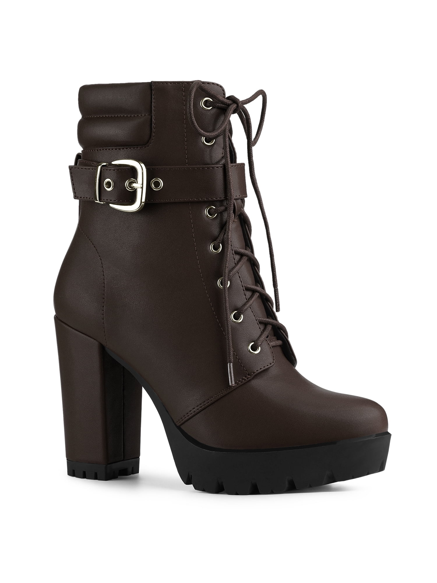 BLISSFUL STEP Women's Platform Buckle Lace Up Block Heel Ankle Boot ...