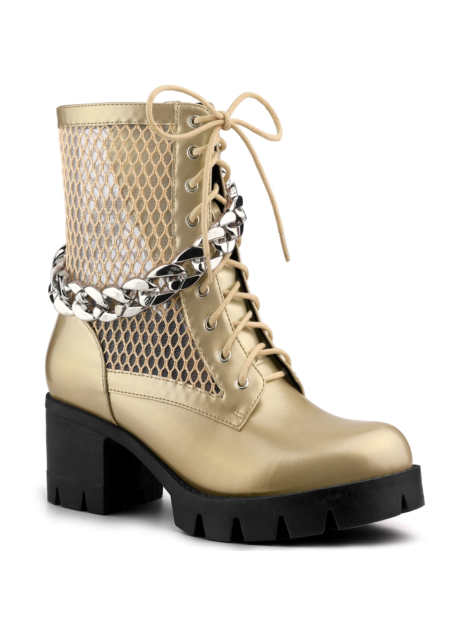 BLISSFUL STEP Women's Platform Chain Block Heel Combat Boots Gold (Size ...