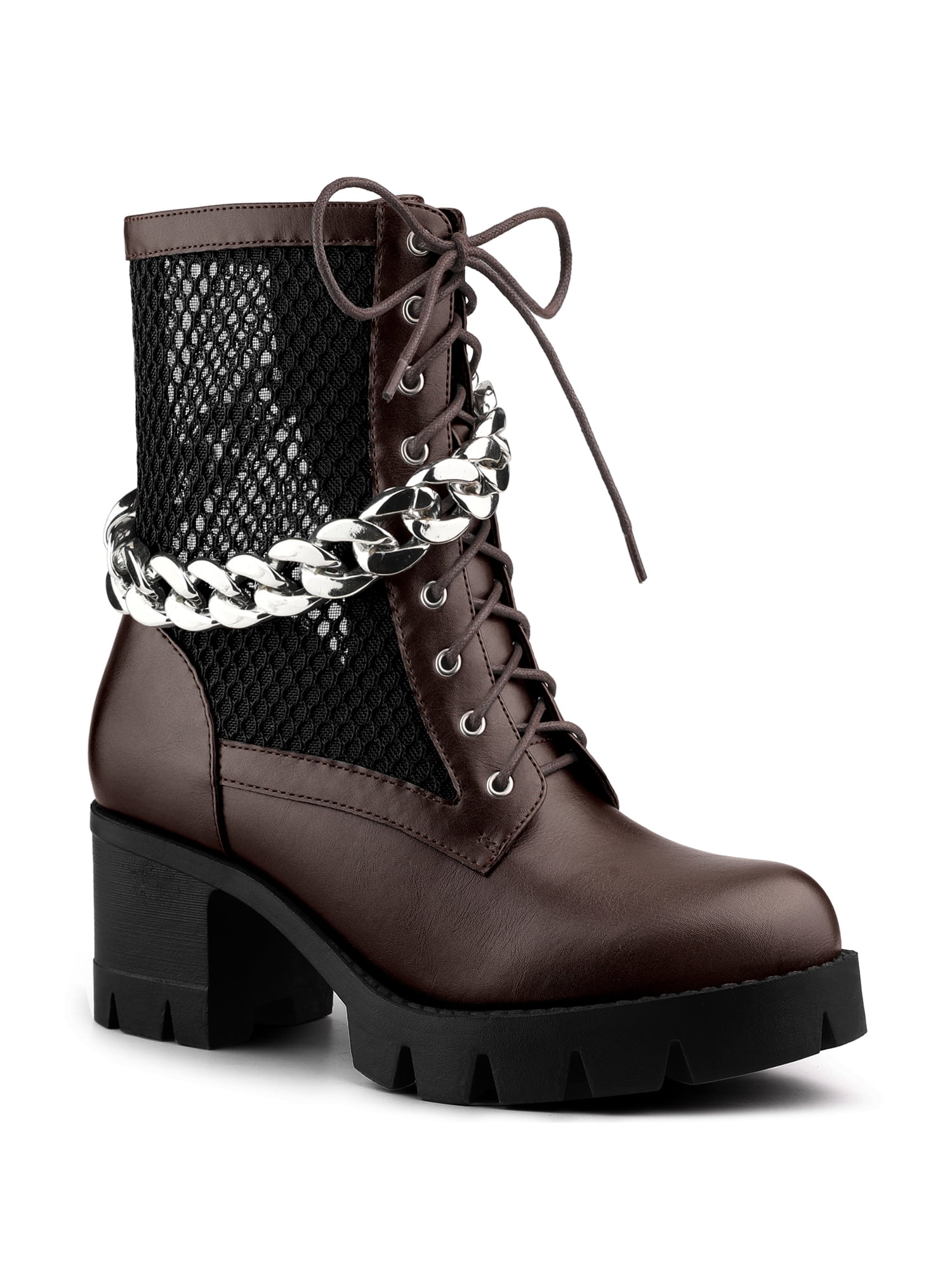 BLISSFUL STEP Women's Platform Chain Block Heel Combat Boots Coffee ...