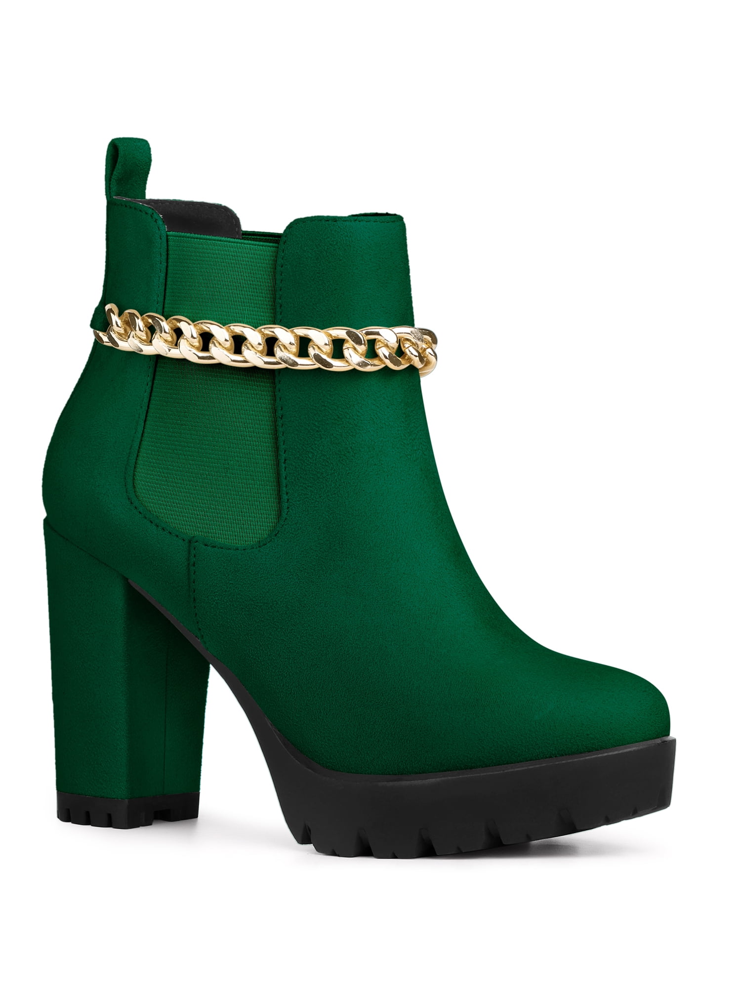 BLISSFUL STEP Women's Platform Chain Block High Heel Ankle Boots Green ...