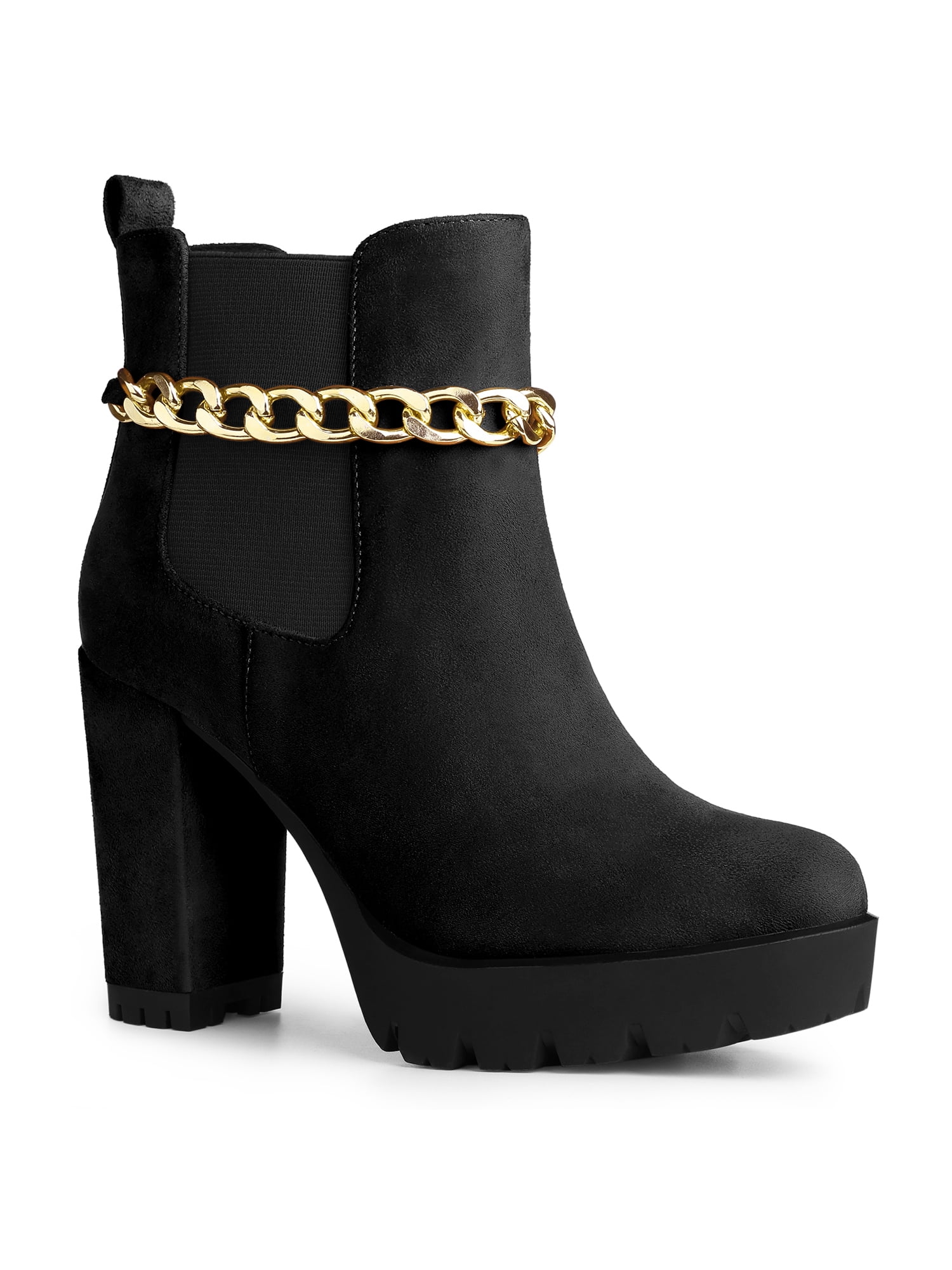 BLISSFUL STEP Women's Platform Chain Chunky High Heel Ankle Boots Black ...