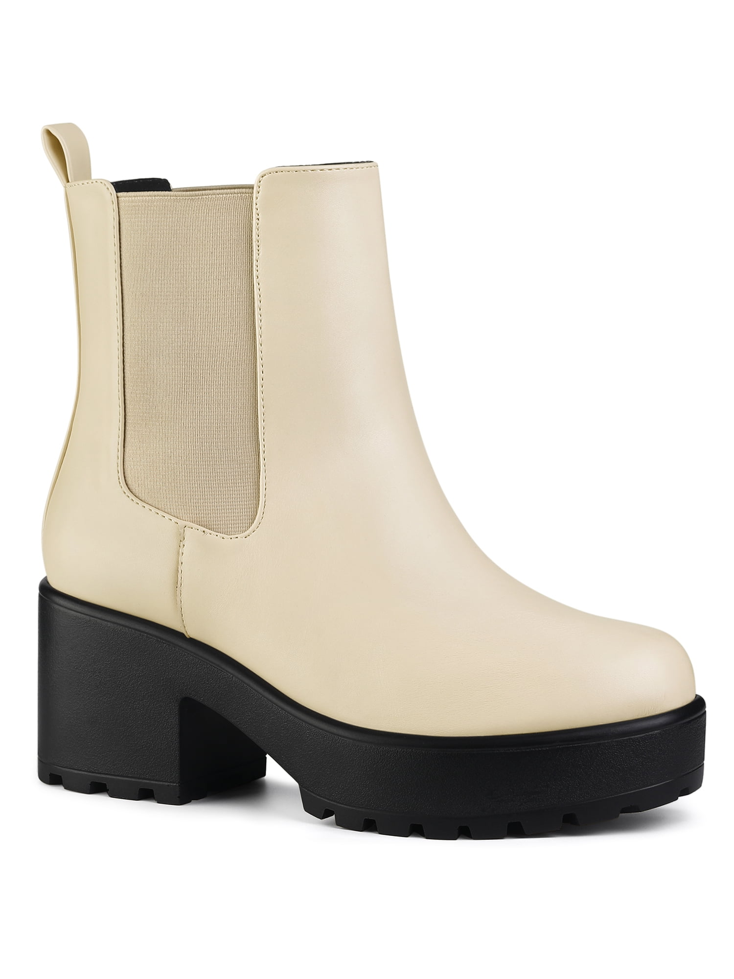 BLISSFUL STEP Women's Heels Platform Block High Heels Ankle Boots Beige ...