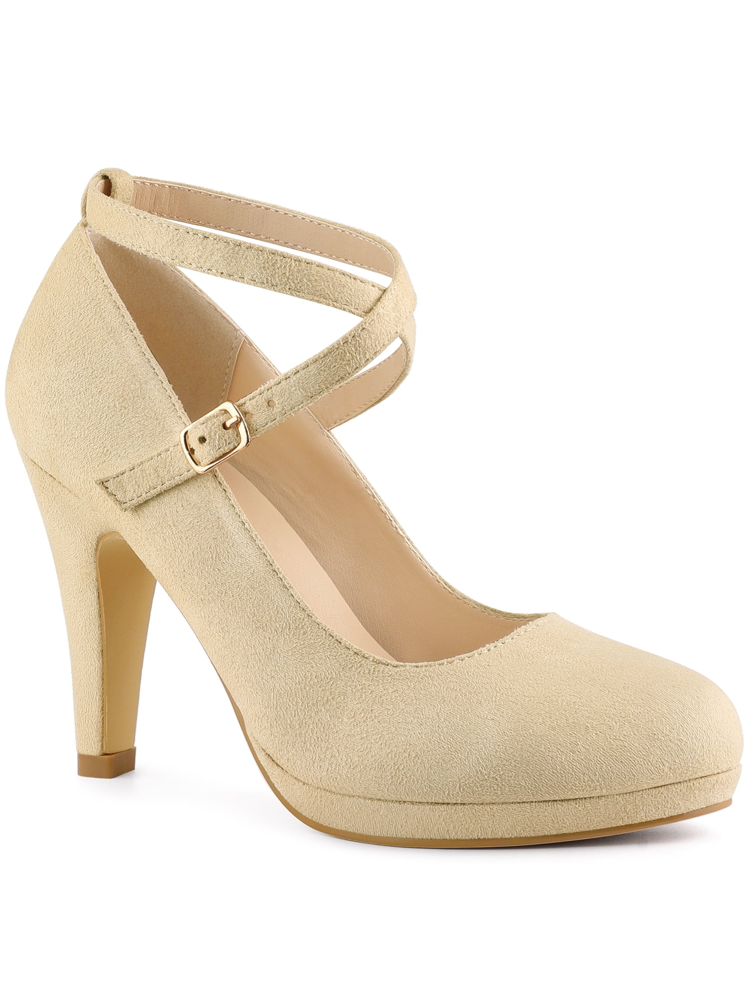 BLISSFUL STEP Women's Platform Cross Strap Stiletto Heels Pumps Beige ...
