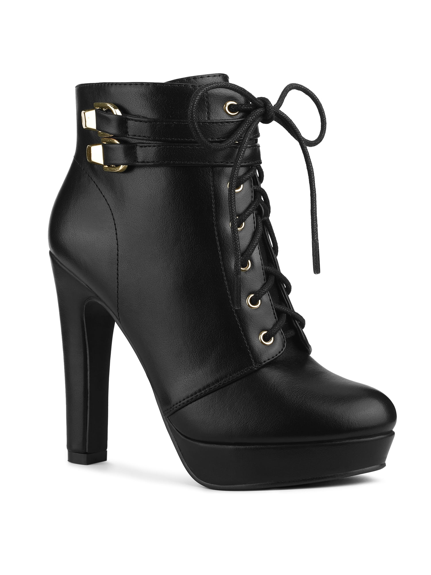 BLISSFUL STEP Women's Platform Lace Up Strap Block Heels Ankle Boots ...