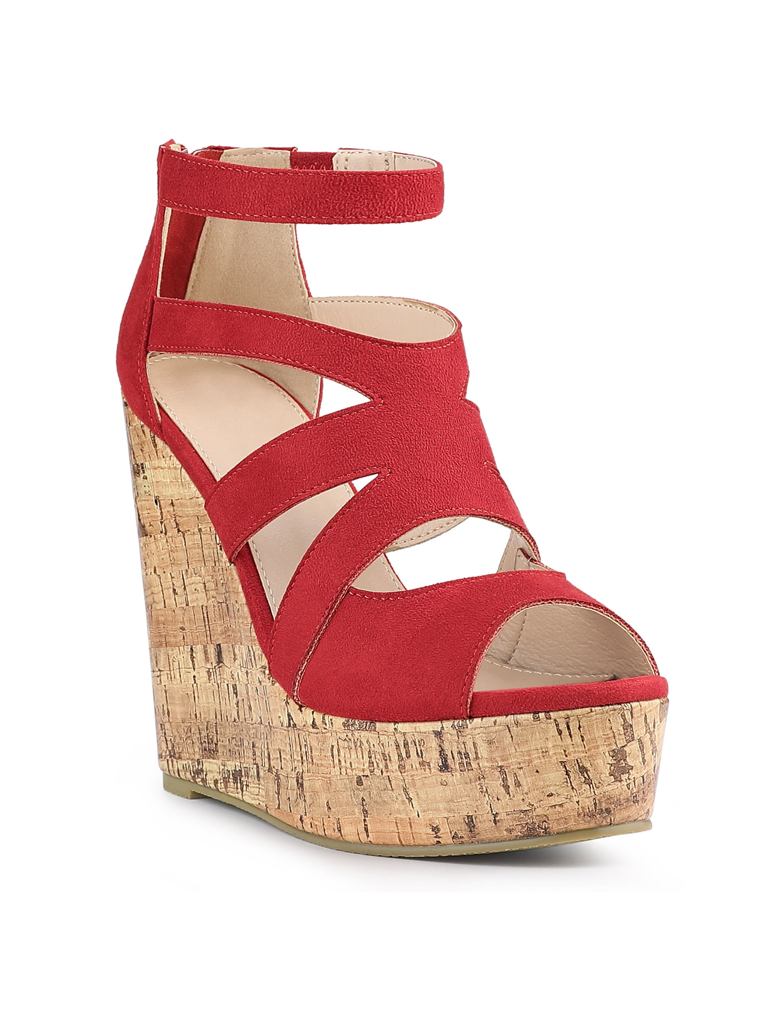 BLISSFUL STEP Women's Platform Peep Toe Strappy Back Zip Wedge Heel ...