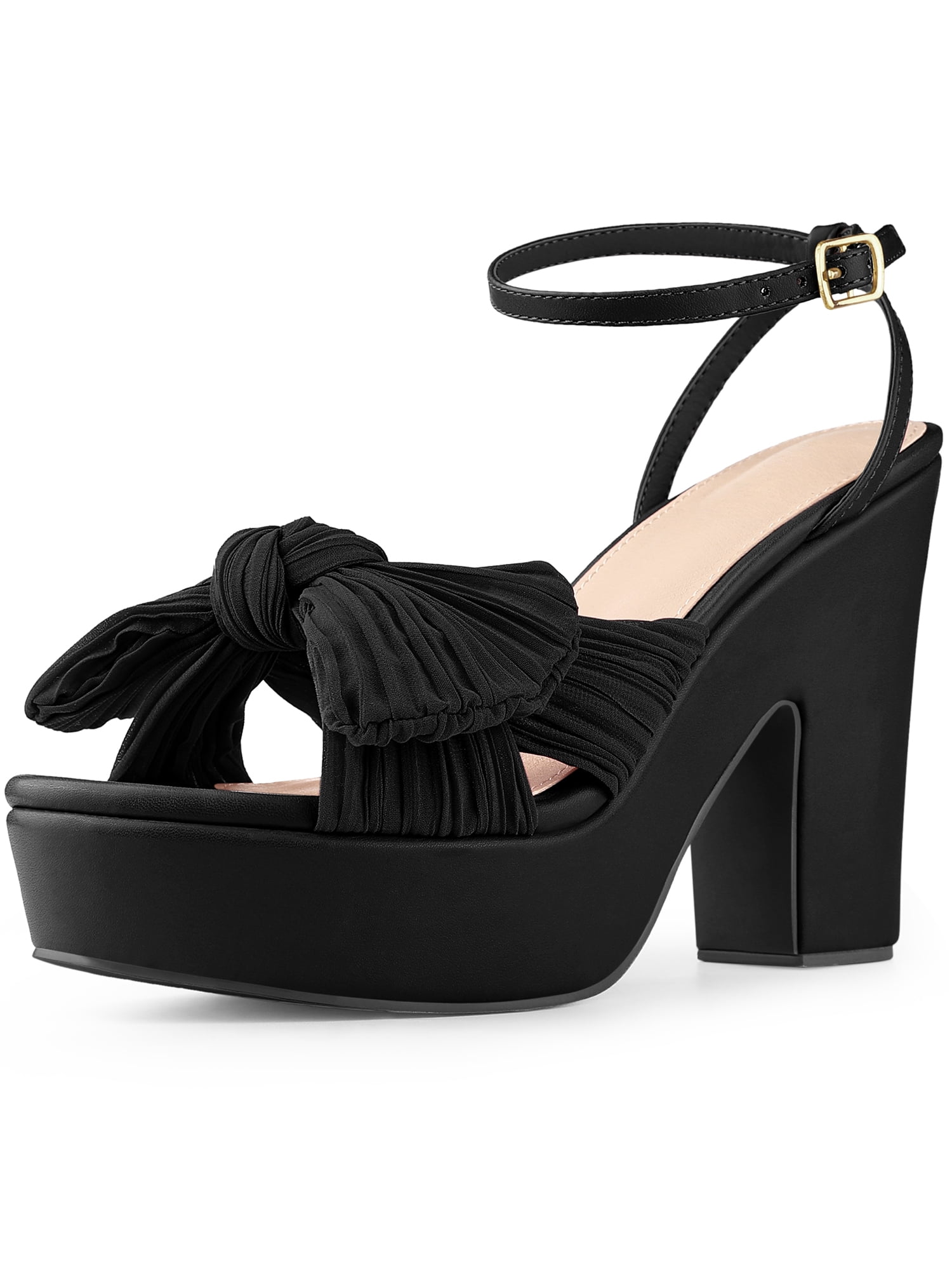BLISSFUL STEP Women's Platform Pleated Bow Slingback Block High Heel ...