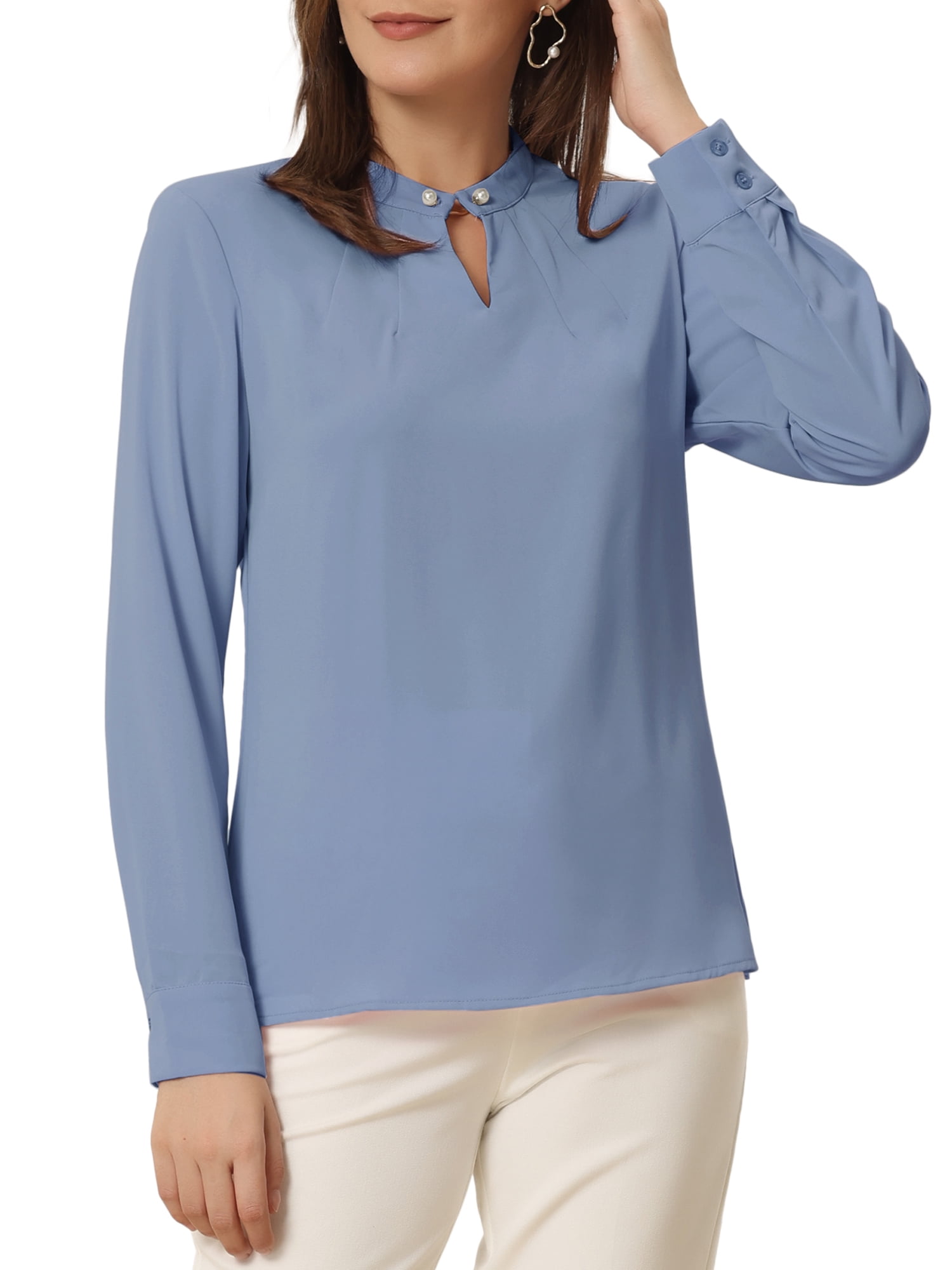 INSPIRE CHIC Women's Pleated Mock Neck Pearl Decor Elegant Work Blouse ...