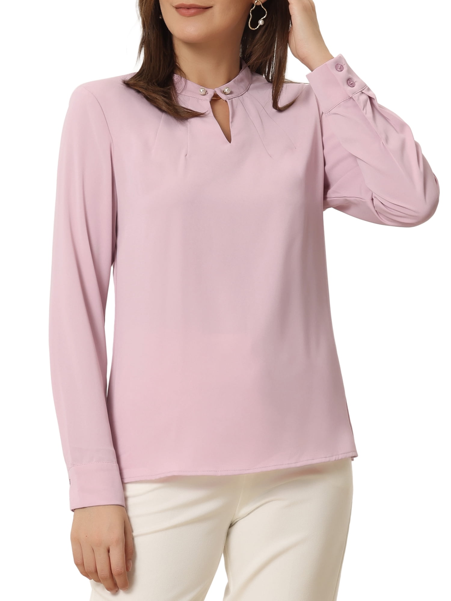 INSPIRE CHIC Women's Pleated Mock Neck Pearl Decor Elegant Work Blouse ...
