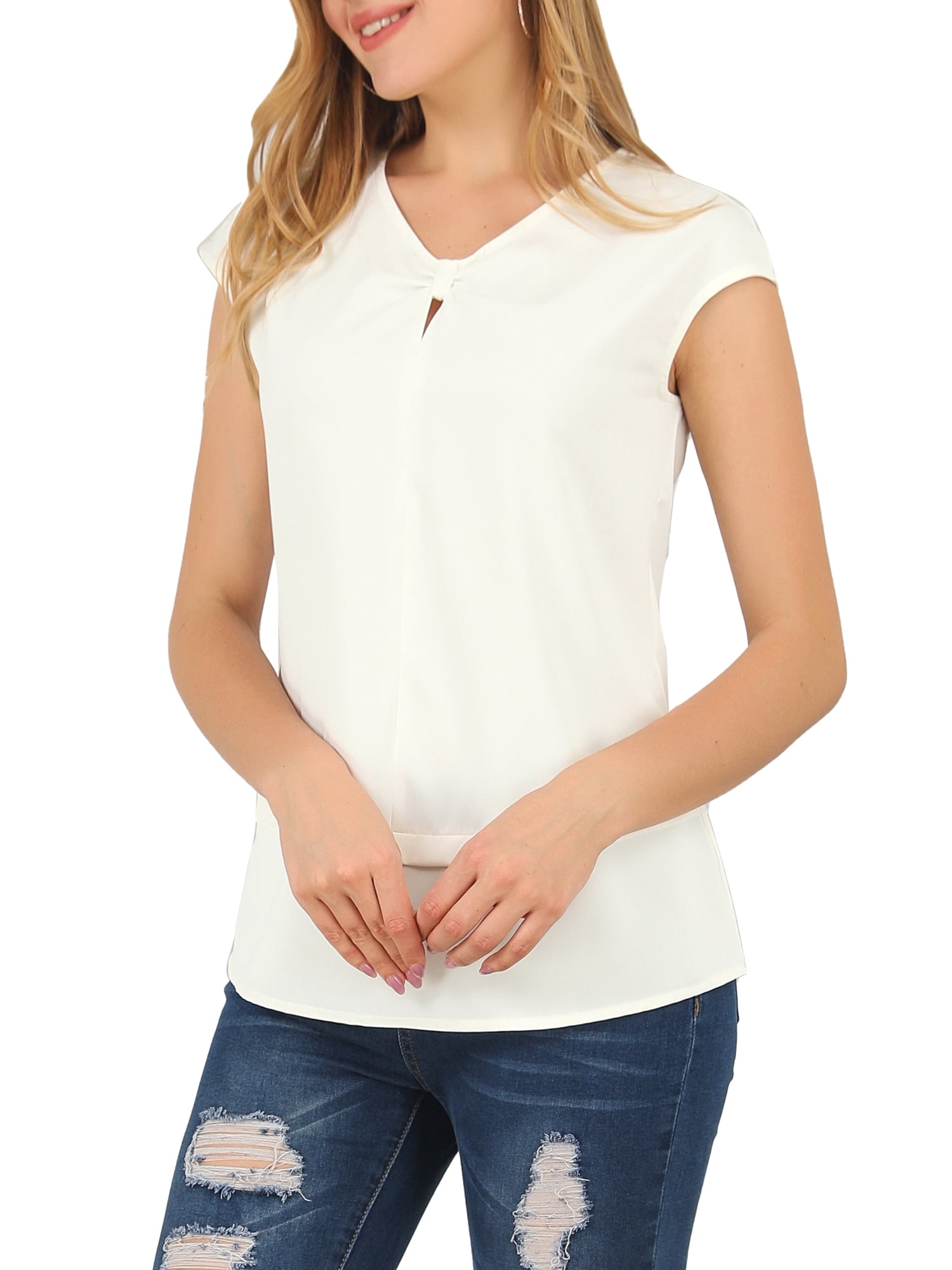 Allegra K Women's Pleated V Neckline Casual Sleeveless Office Blouse ...