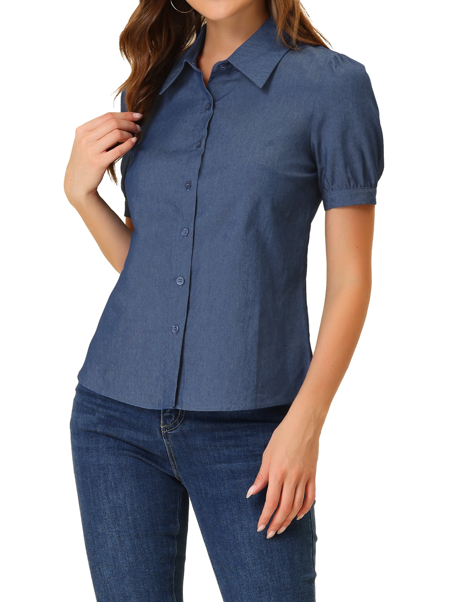 Allegra K Women's Point Collar Puff Short Sleeve Denim Button Down ...