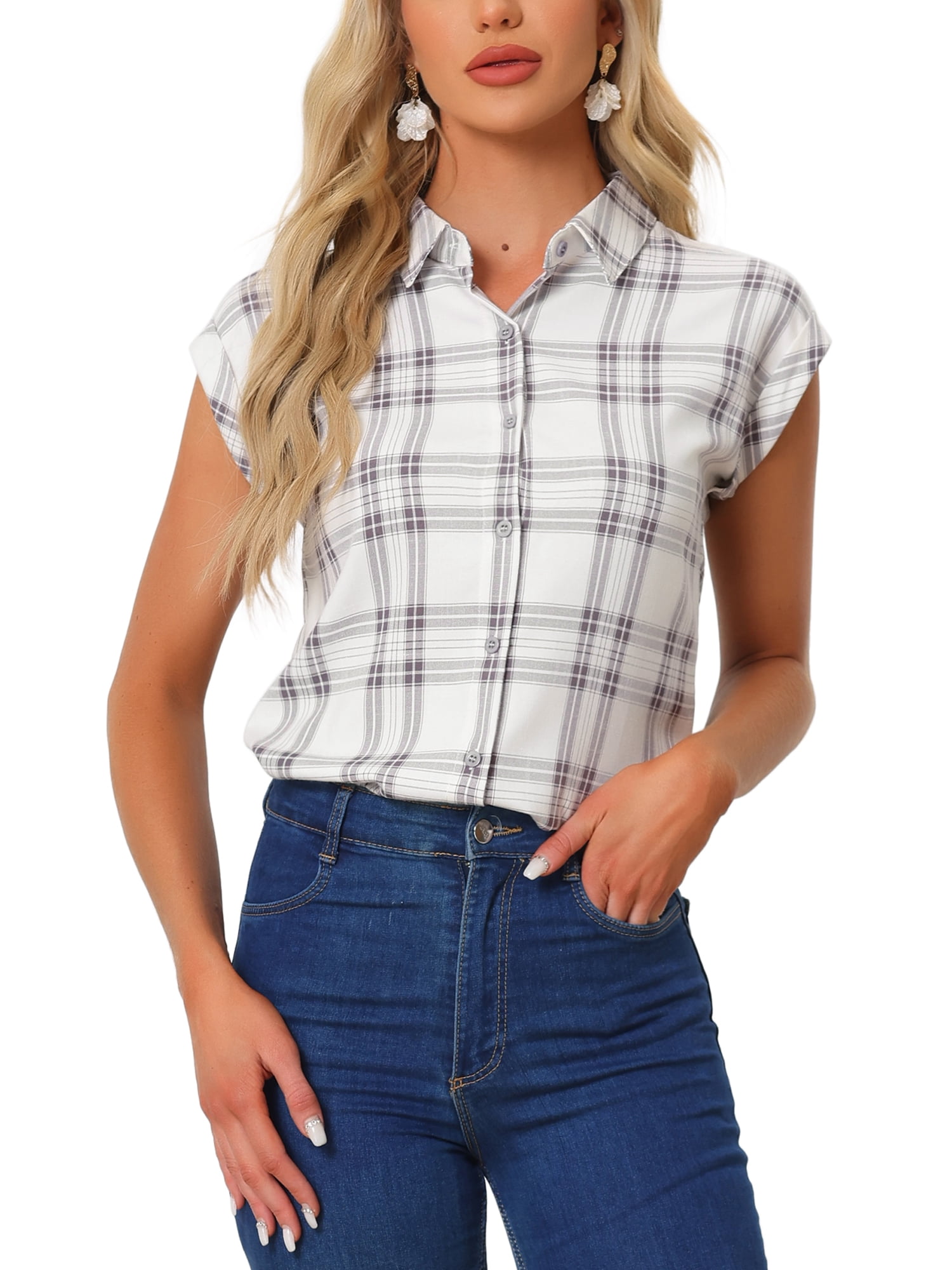Allegra K Women's Point Collar Short Cap Sleeves Plaids Button Down ...