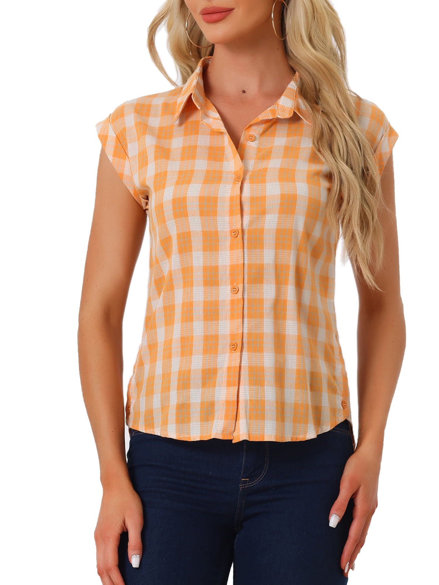 Allegra K Women's Point Collar Short Cap Sleeves Plaids Button Down ...