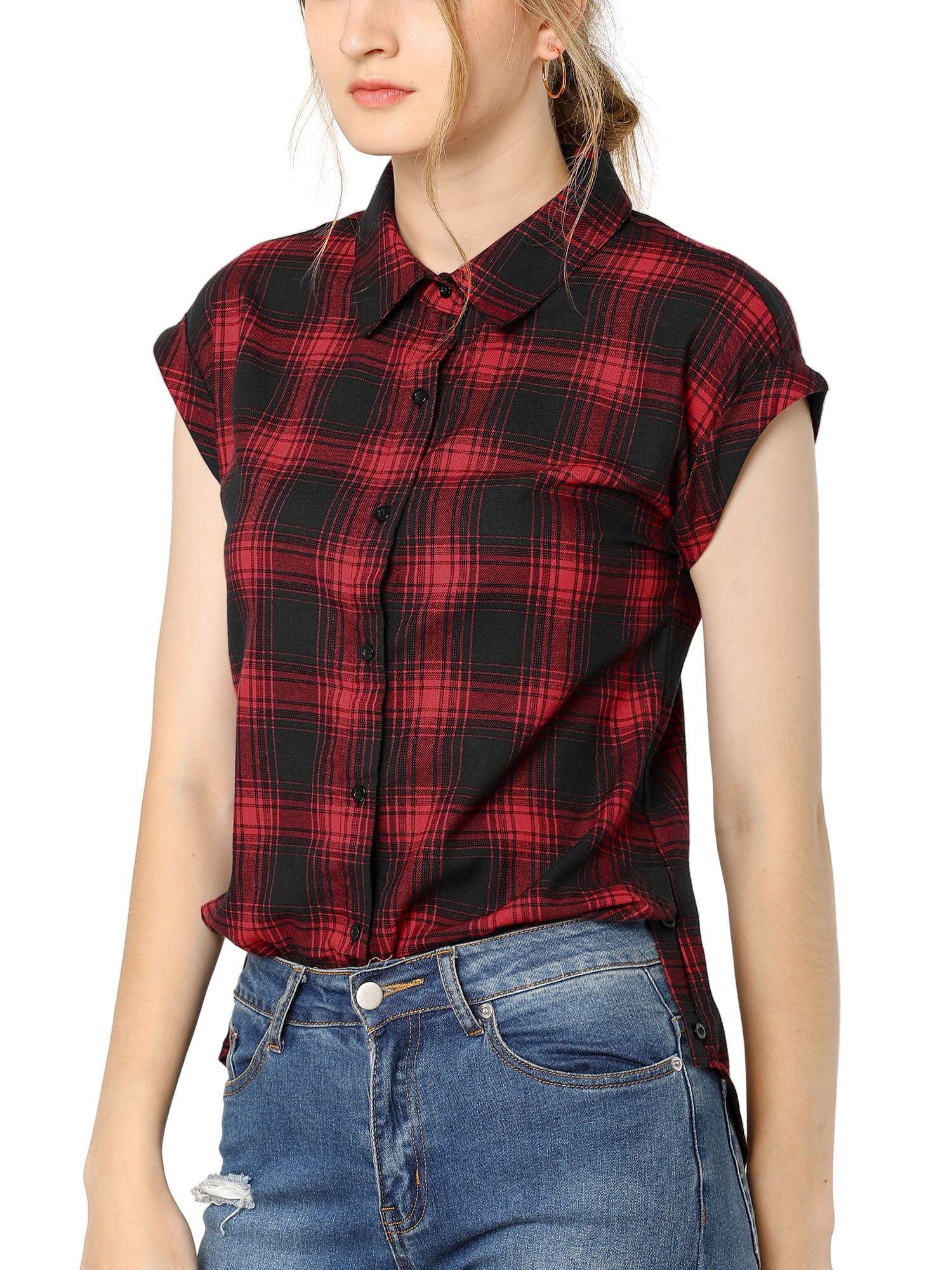 Allegra K Women's Point Collar Short Cap Sleeves Plaids Button Down ...