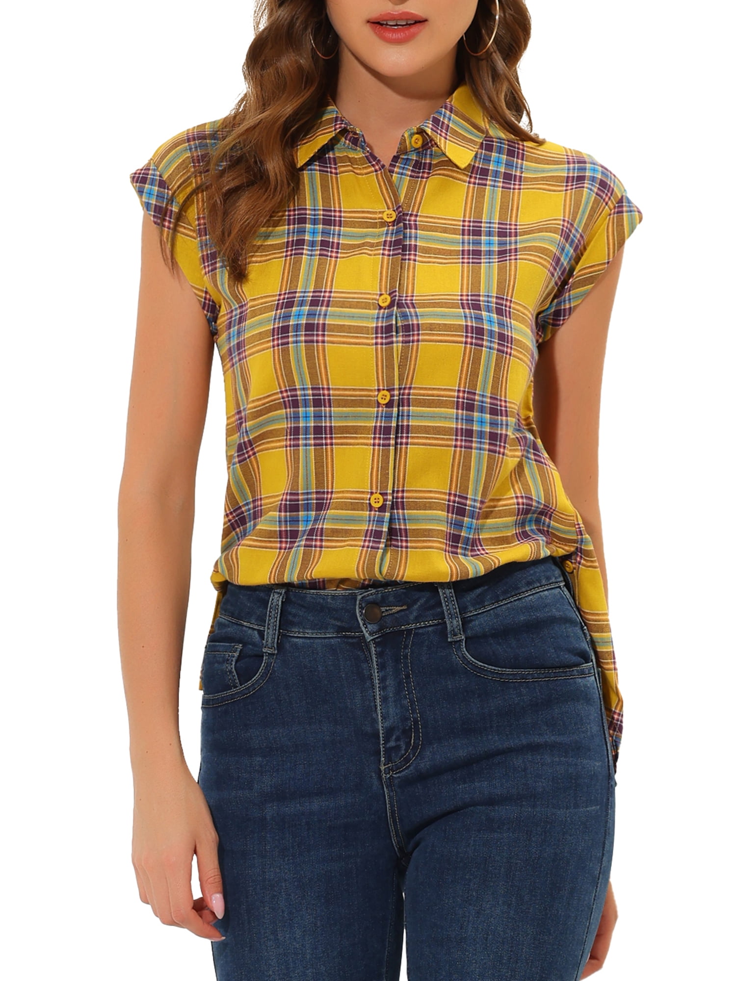INSPIRE CHIC Women's Point Collar Short Cap Sleeves Plaids Button Down ...