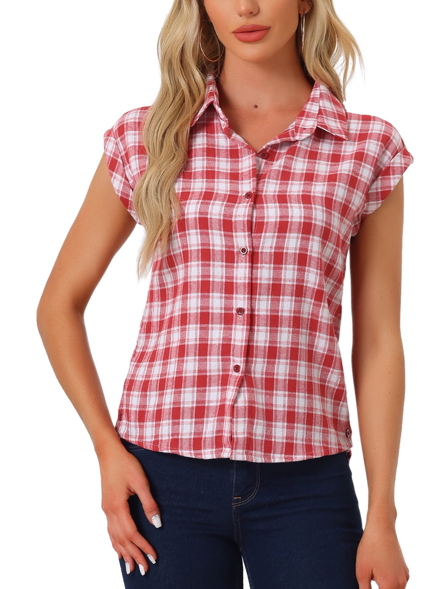 INSPIRE CHIC Women's Point Collar Short Cap Sleeves Plaids Button Down ...