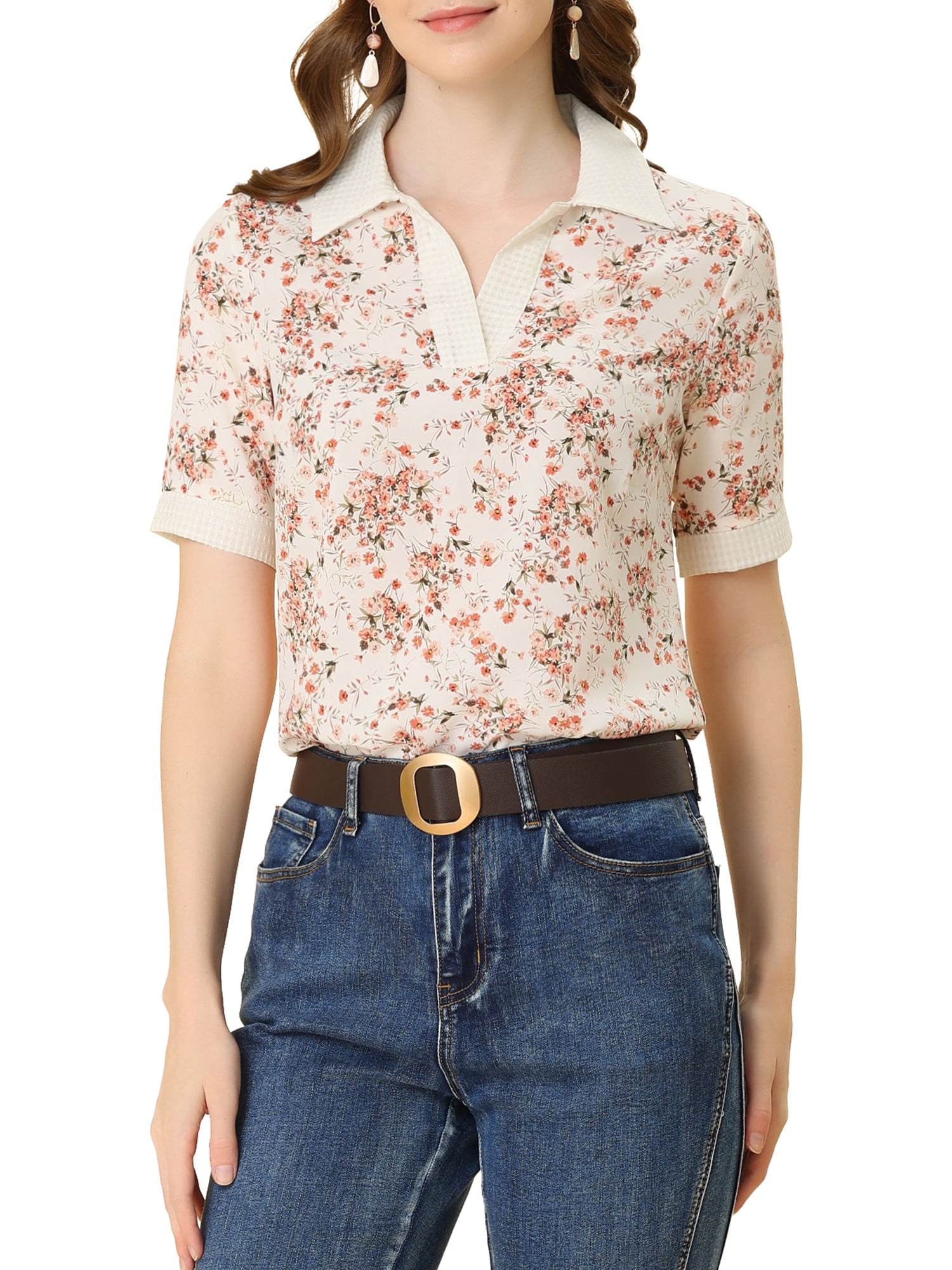 INSPIRE CHIC Women's Point Collar V Neckline Short Sleeve Floral Blouse ...