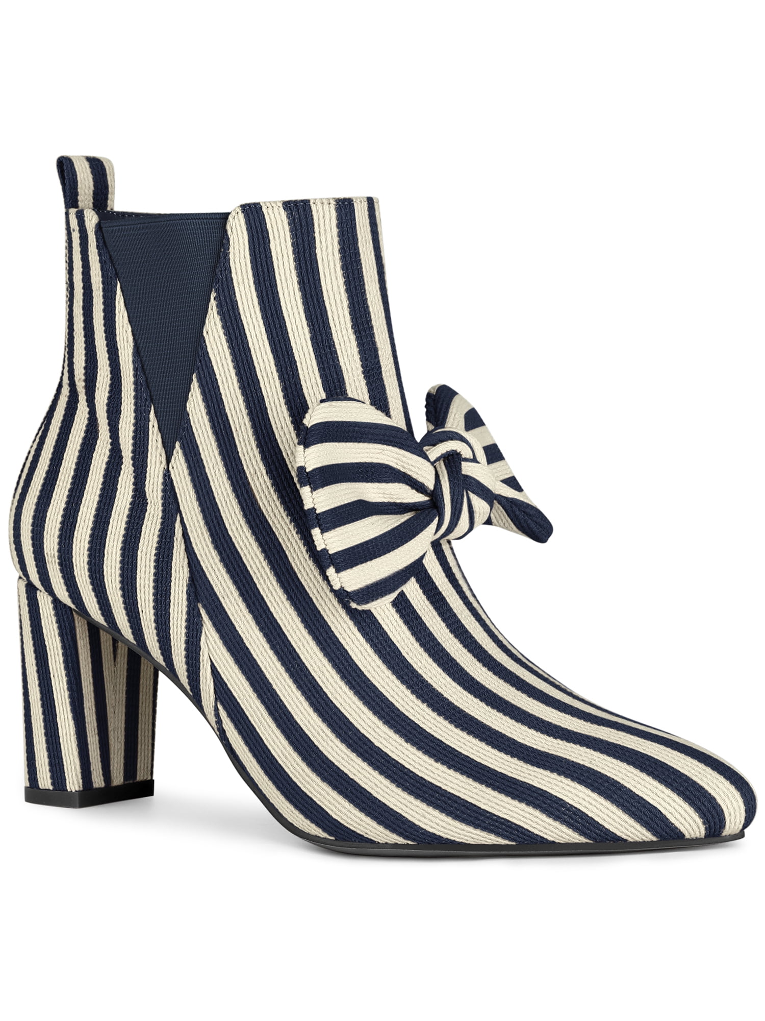 BLISSFUL STEP Women's Pointed Toe Bow Striped Chunky Heel Ankle Boots ...