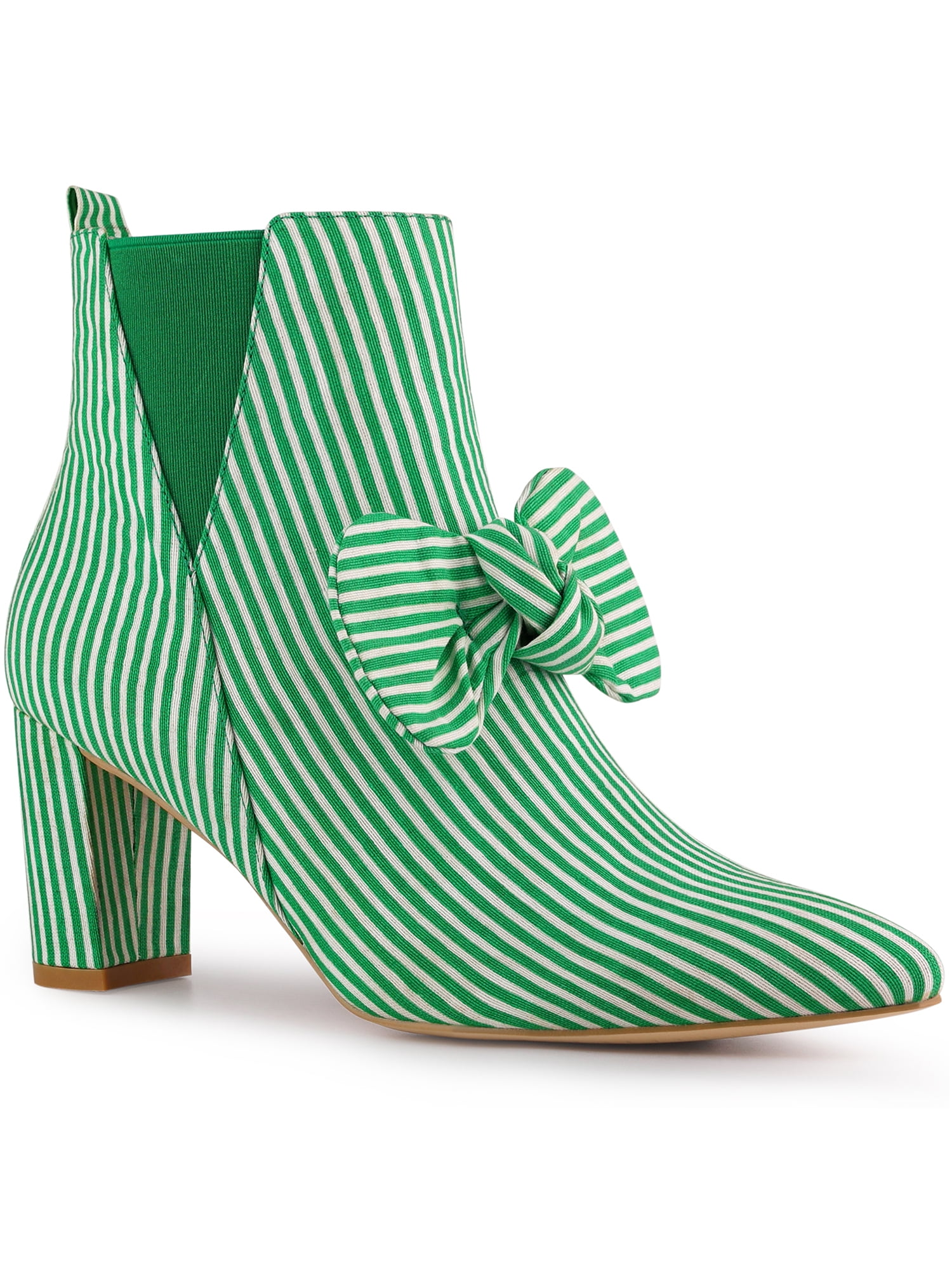 BLISSFUL STEP Women's Pointed Toe Bow Striped Chunky Heel Ankle Boots ...
