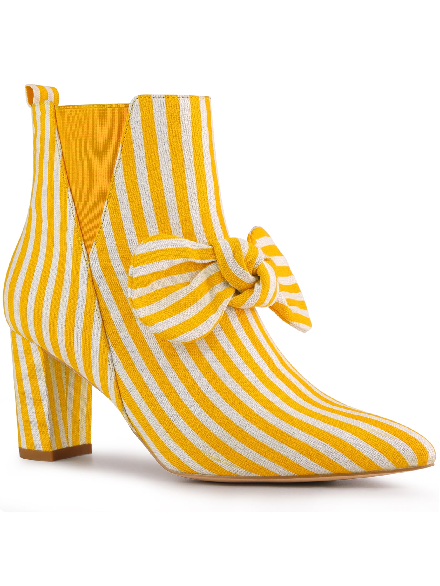 BLISSFUL STEP Women's Pointed Toe Bow Striped Block Heels Ankle Boots ...