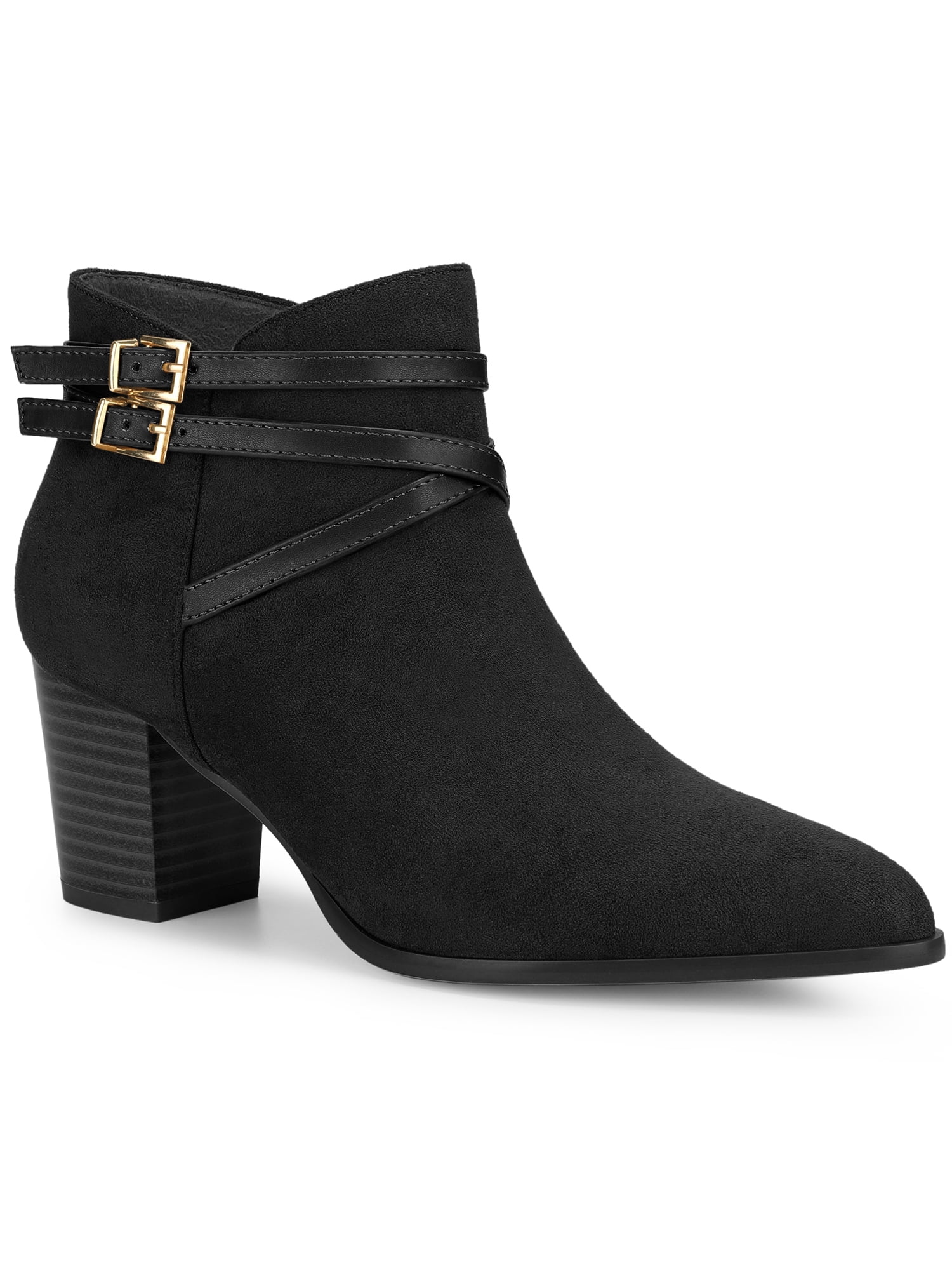Allegra K Womens Pointed Toe Buckle Decor Cross Strap Block Heels Ankle Boots