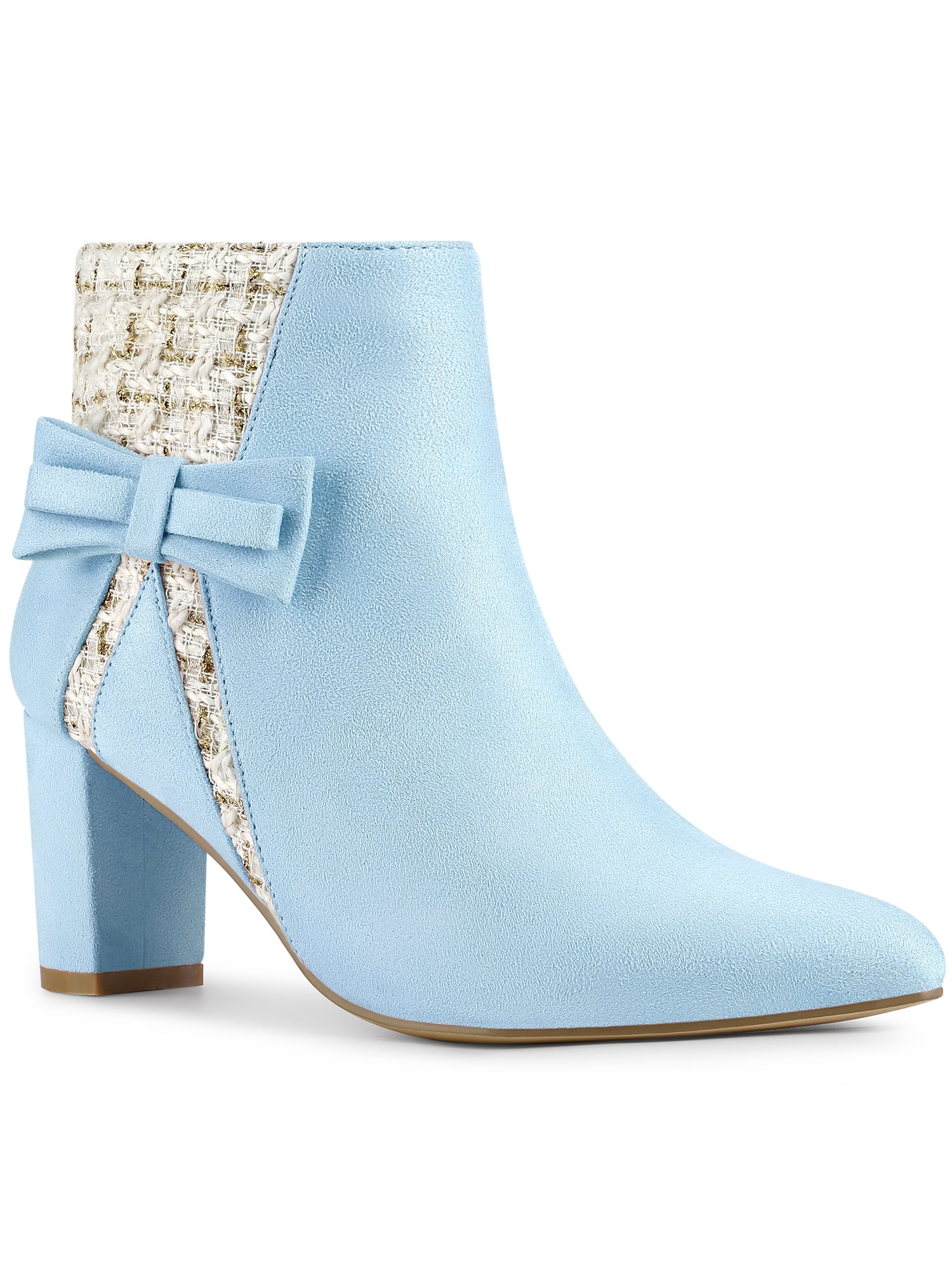 BLISSFUL STEP Women's Pointed Toe Plaid Block Heels Ankle Boots Sky ...