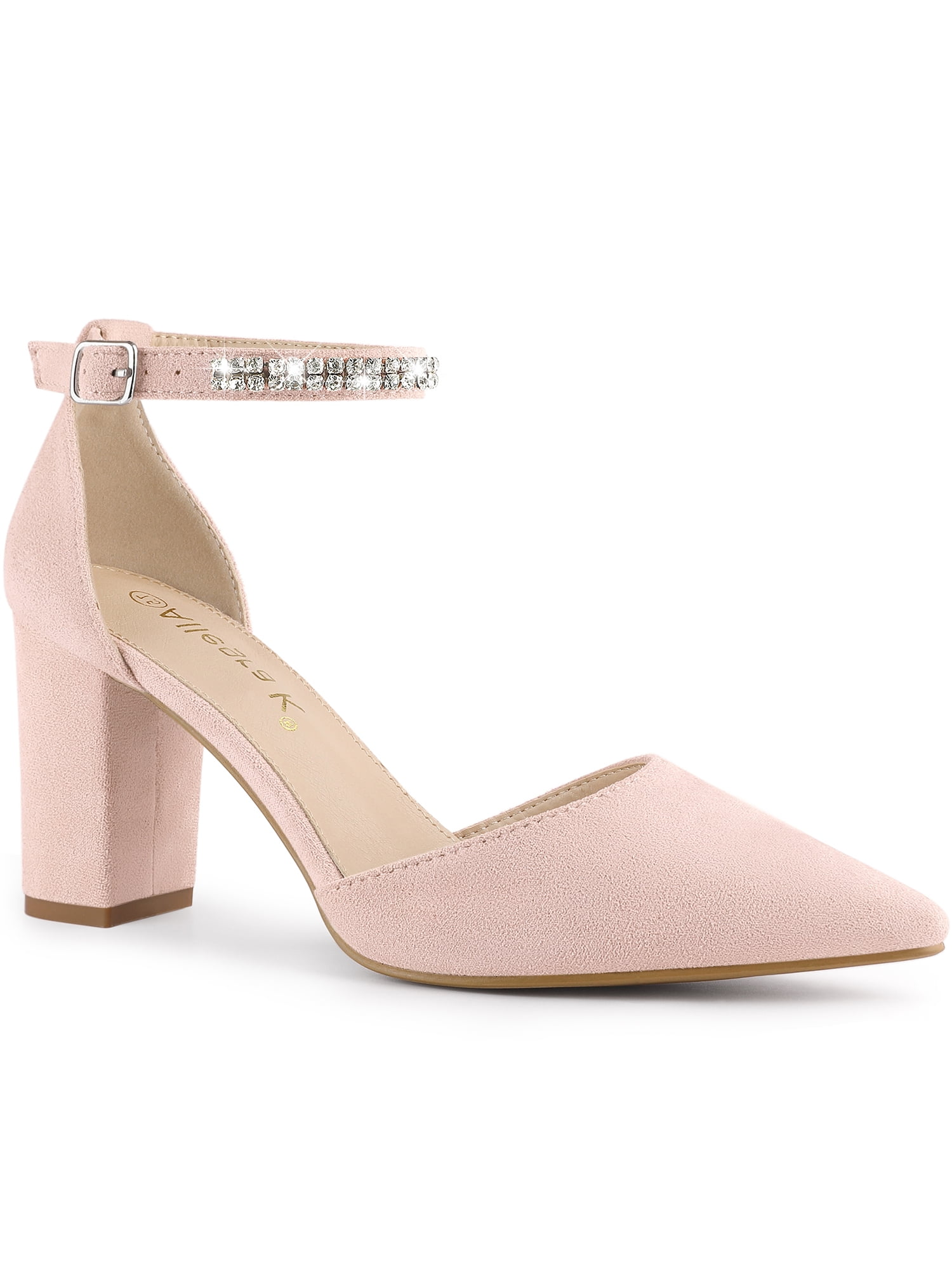 BLISSFUL STEP Women's Pointed Toe Rhines Ankle Strap Block Heels Pumps ...