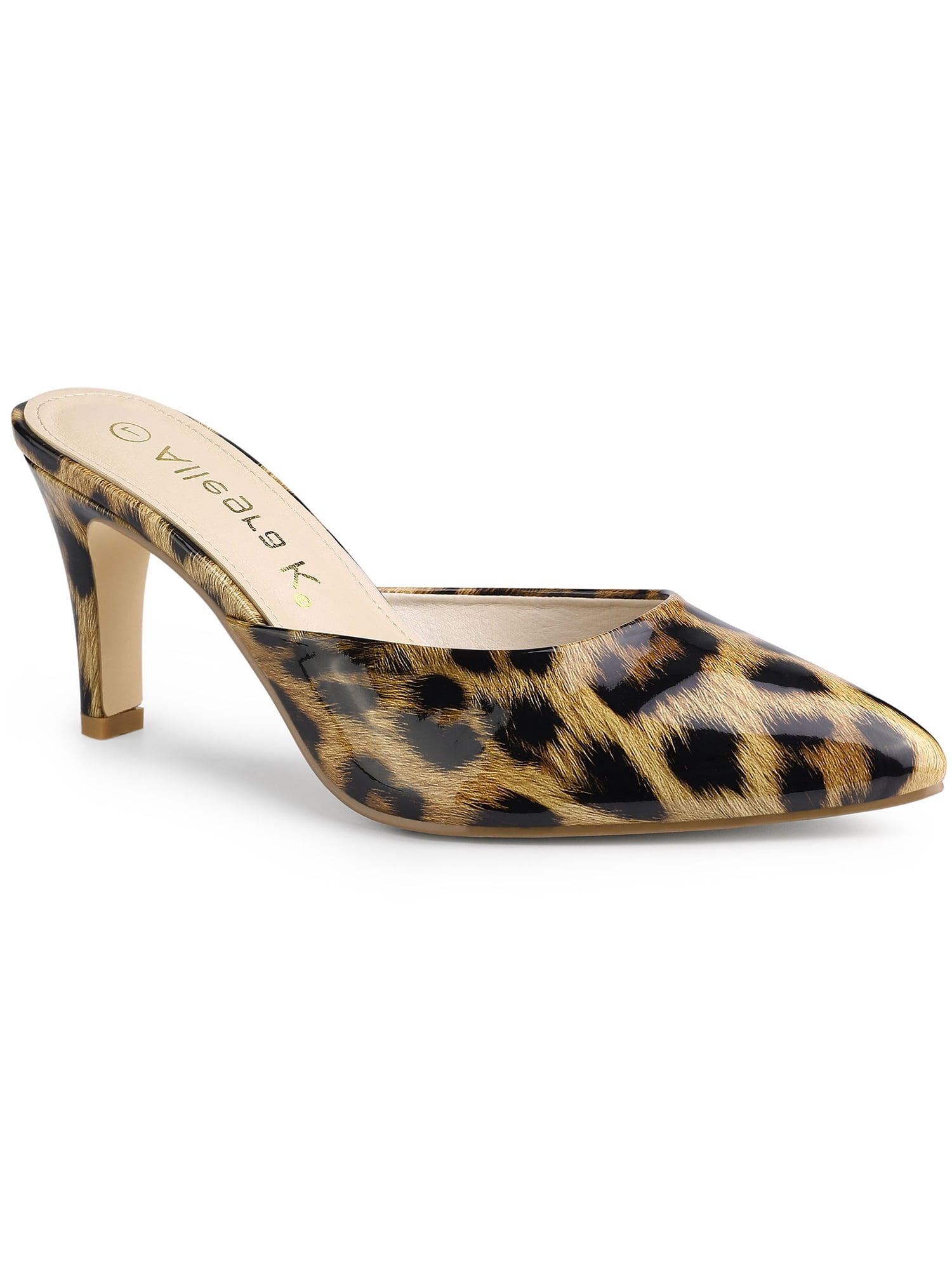 BLISSFUL STEP Women's Pointed Toe Stiletto Heels Slide Mules Leopard 8 ...