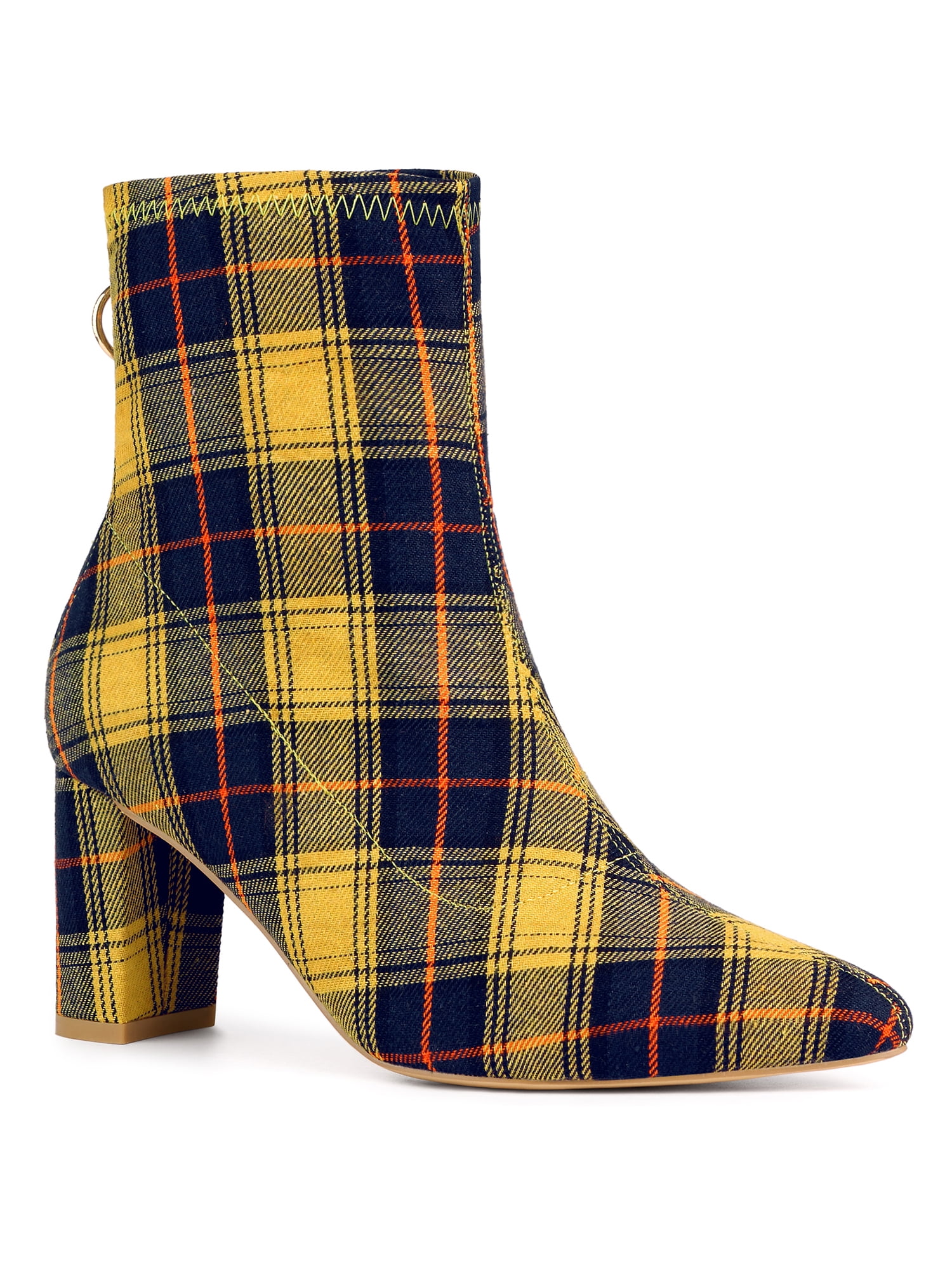 BLISSFUL STEP Women's Pointed Toe Zipper Block Heels Ankle Boots Yellow ...