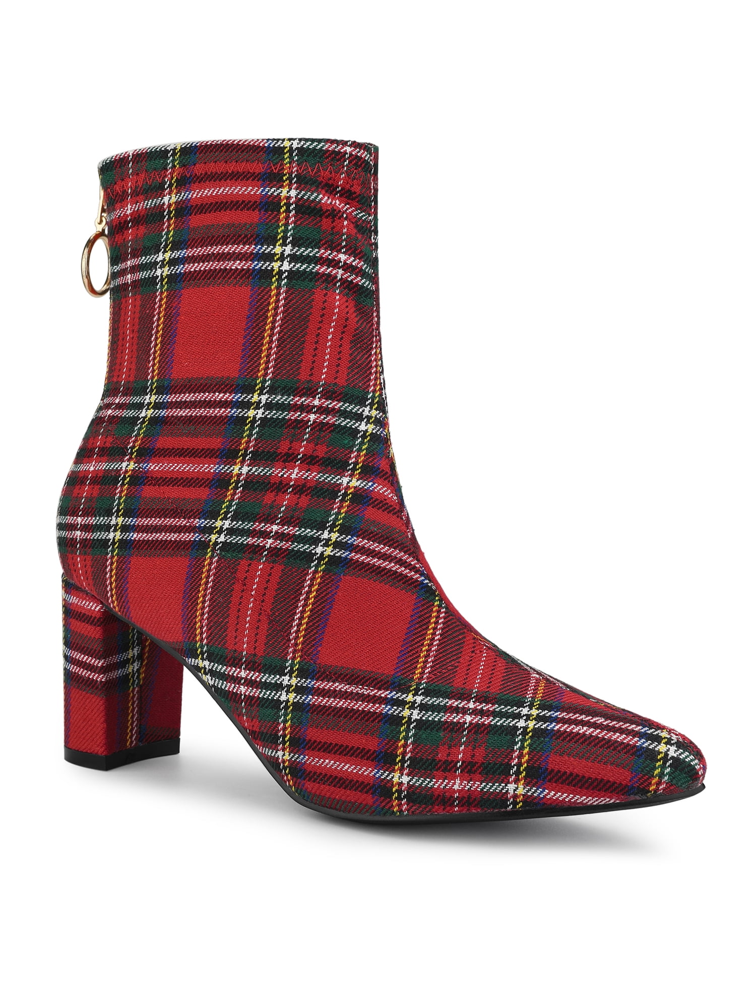 BLISSFUL STEP Women's Ankle Boots Plaid Pointed Toe Block Heel Back ...