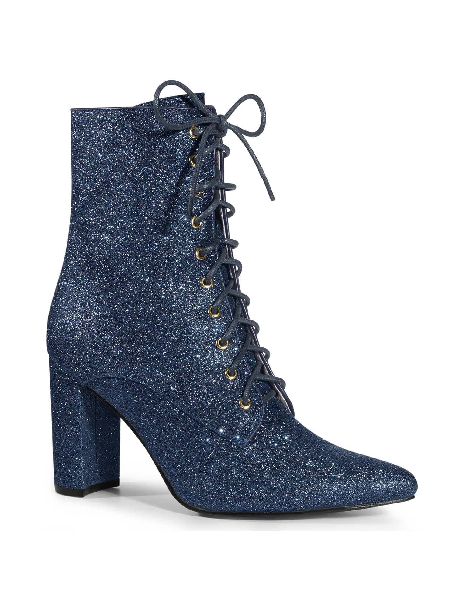 BLISSFUL STEP Women's Pointy Toe Block Heel Glitter Ankle Boots Navy ...