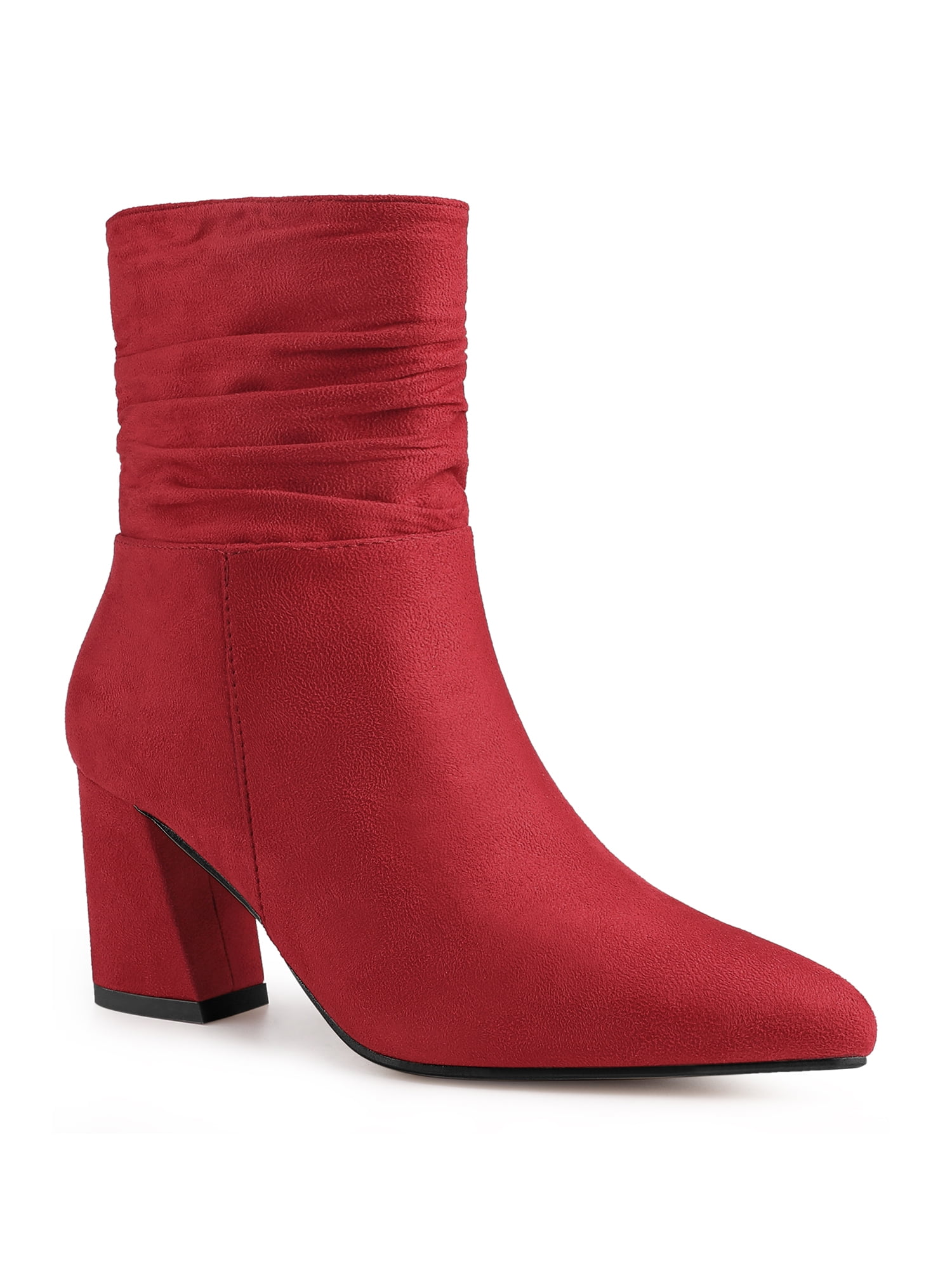 Allegra K Women's Pointy Toe Slouches Zipper Block Heel Ankle Boots Red ...