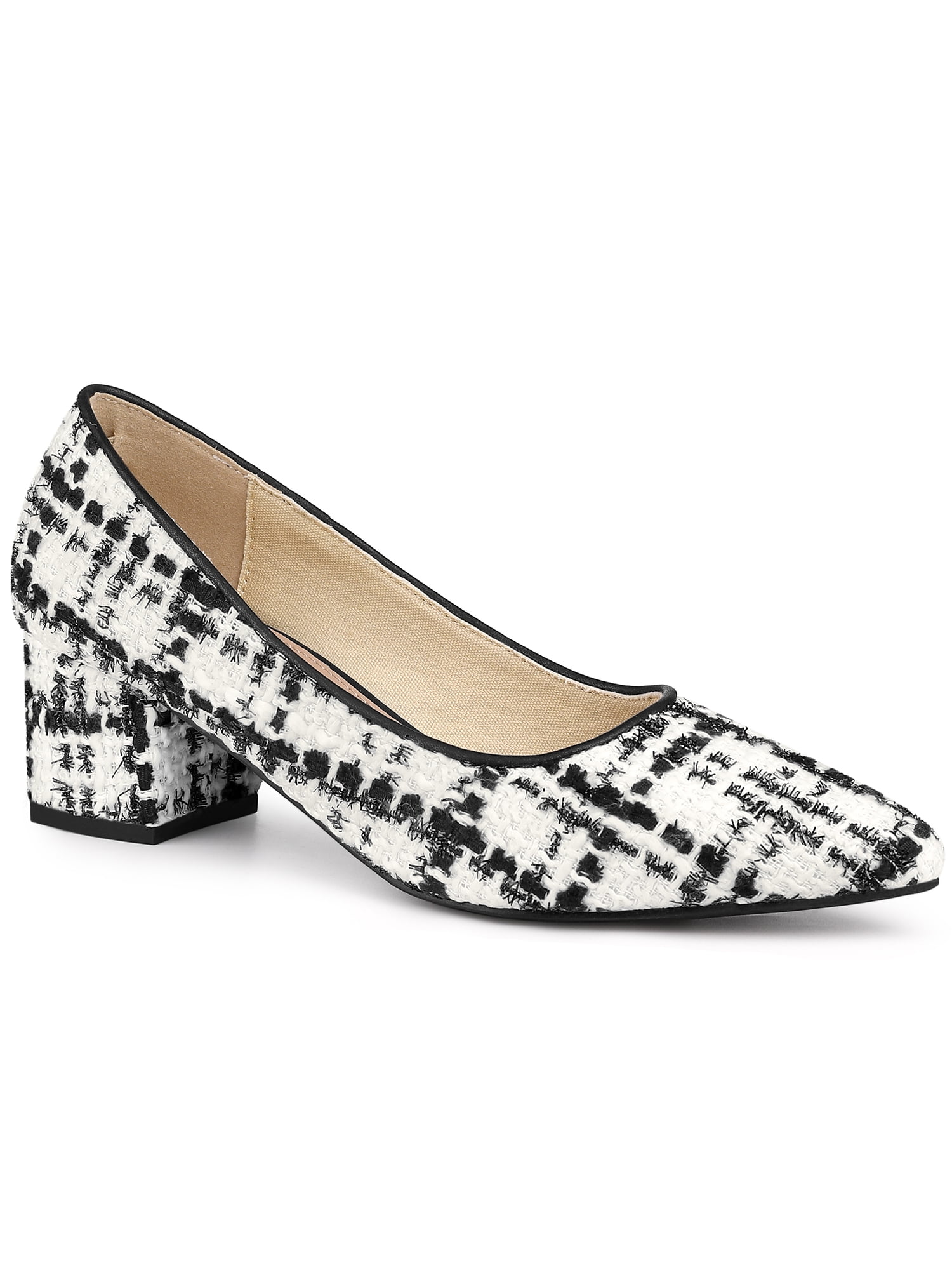 BLISSFUL STEP Women's Pointy Toe Tweed Plaid Knitted Printing Block ...