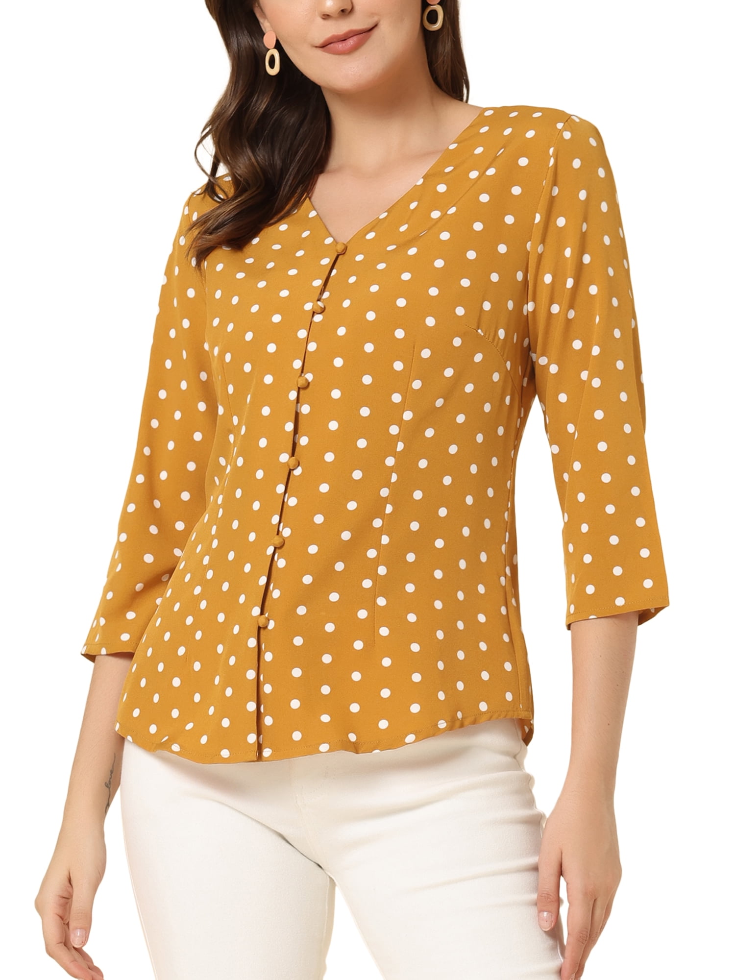 INSPIRE CHIC Women's Blouse V Neck 3/4 Sleeves Polka Dots Heart Print ...