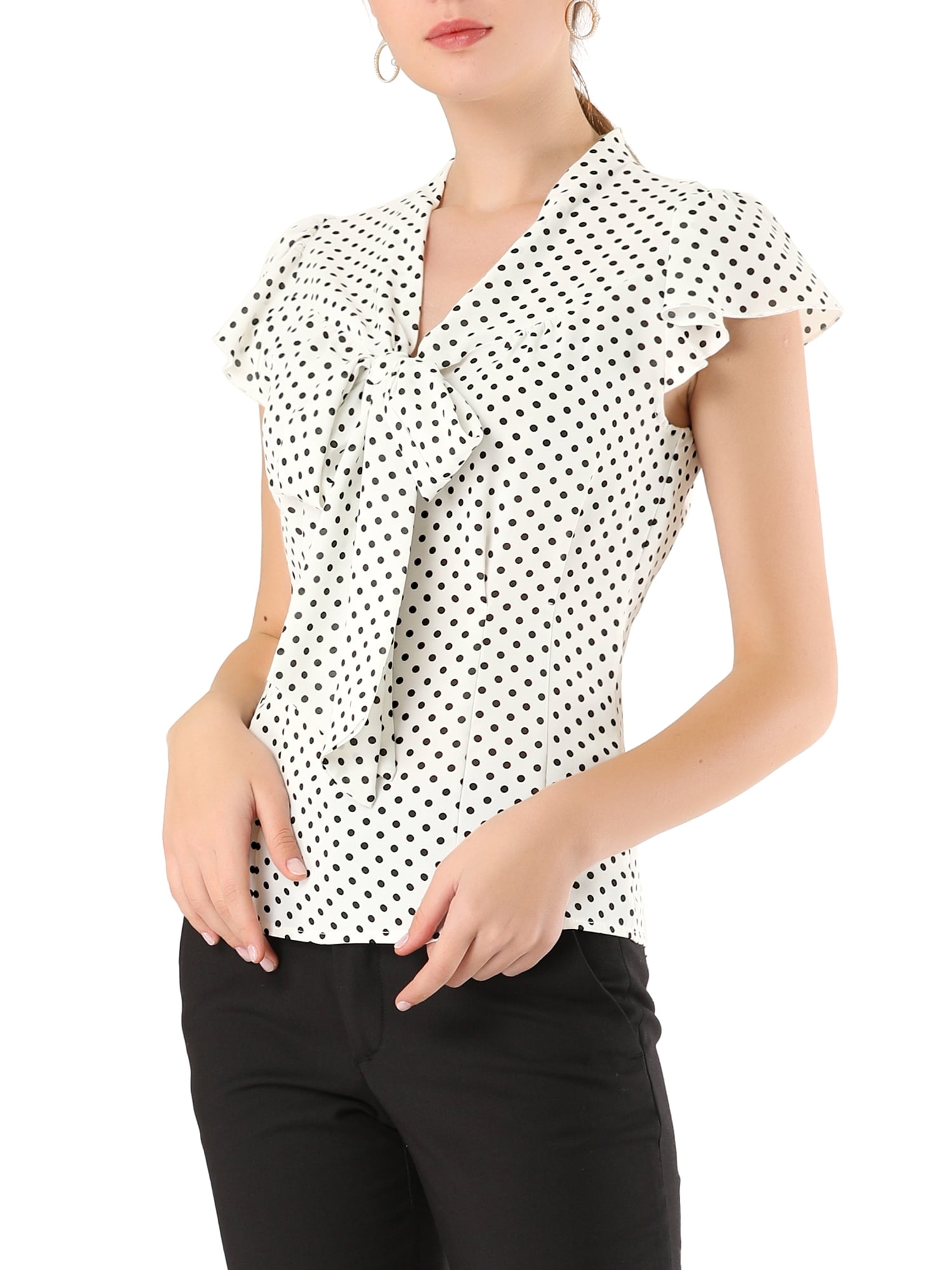 Allegra K Womens Polka Dots Office Shirt Ruffled Sleeve Tie Neck