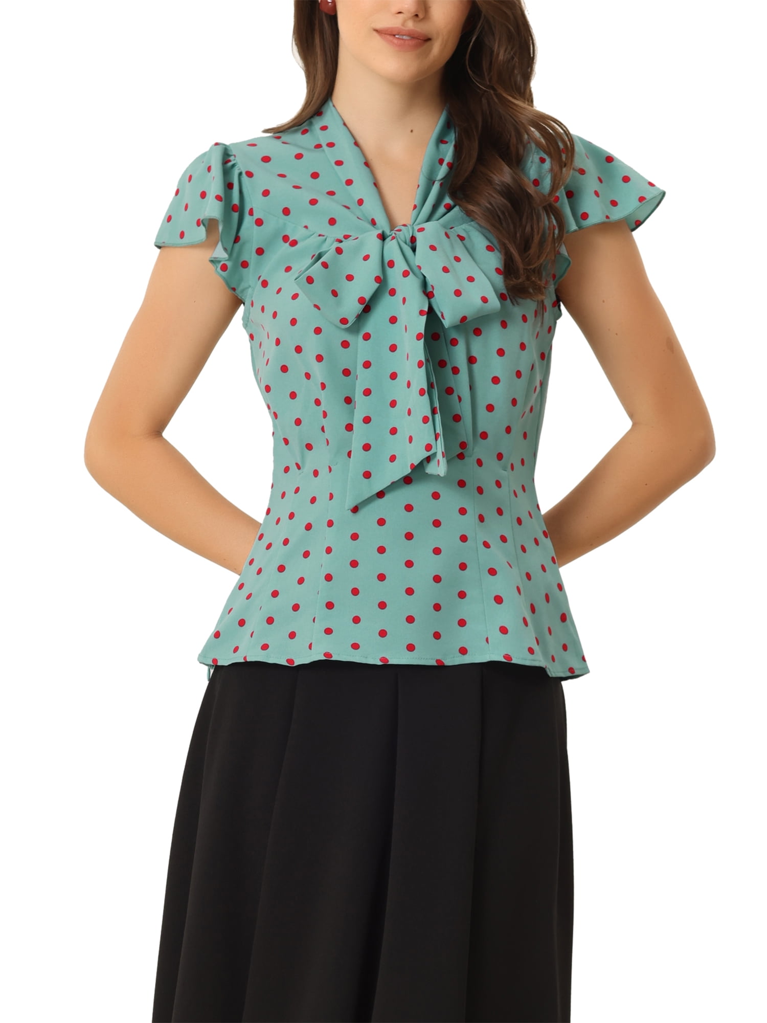 Allegra K Womens Polka Dots Office Shirt Ruffled Sleeve Tie Neck