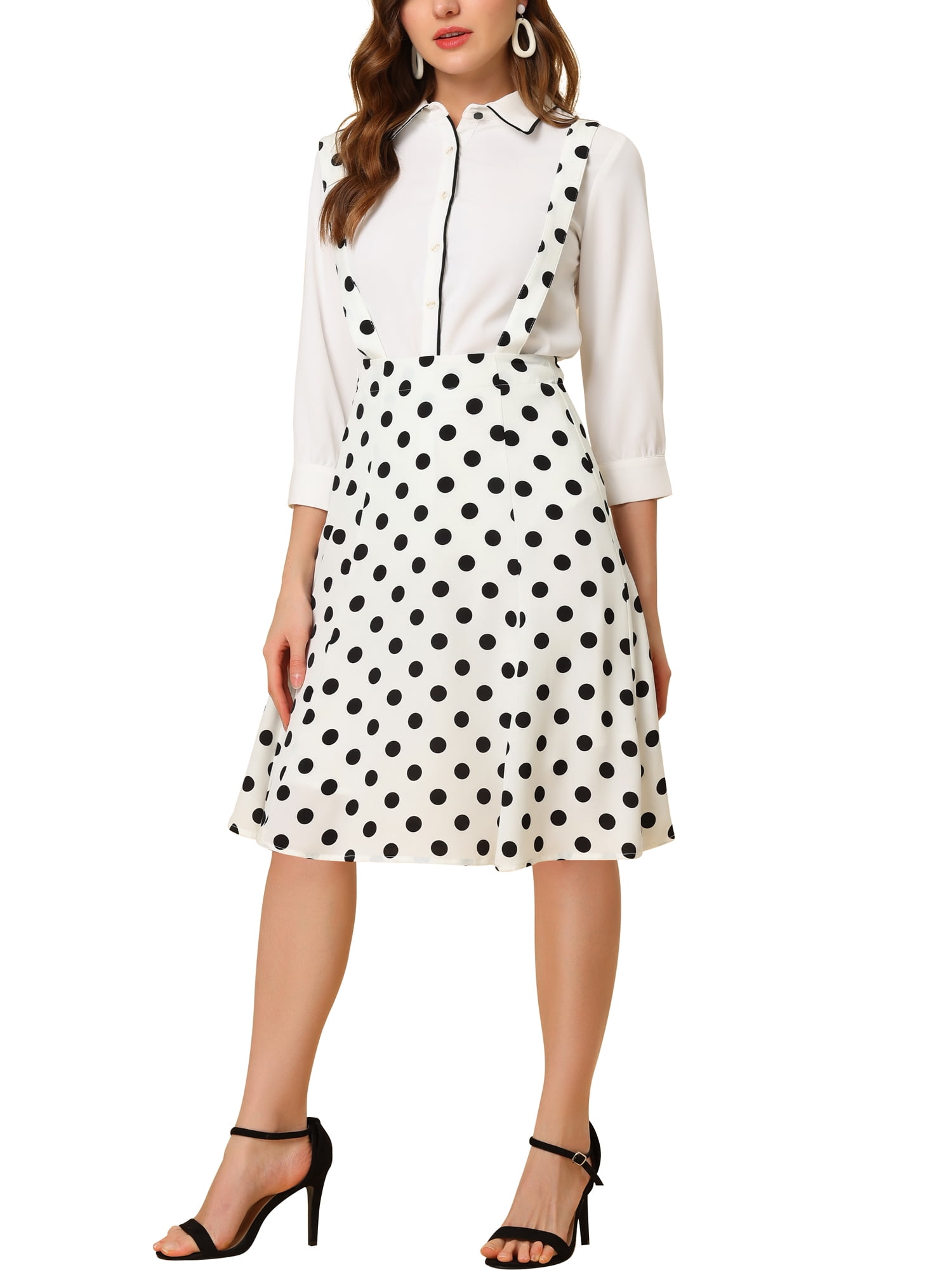 Allegra K Women's Polka Dots Overall Flared Adjustable Straps Suspender ...