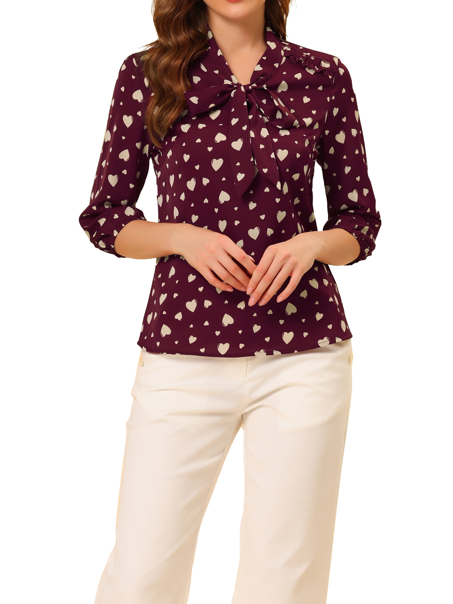 Allegra K Womens Polka Dots Ruffle Shoulder Elastic Cuff Bow Tie Neck