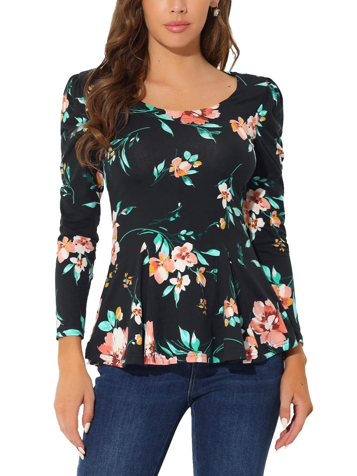 Allegra K Women's Printed Scoop Neck Long Sleeves Peplum Blouse ...