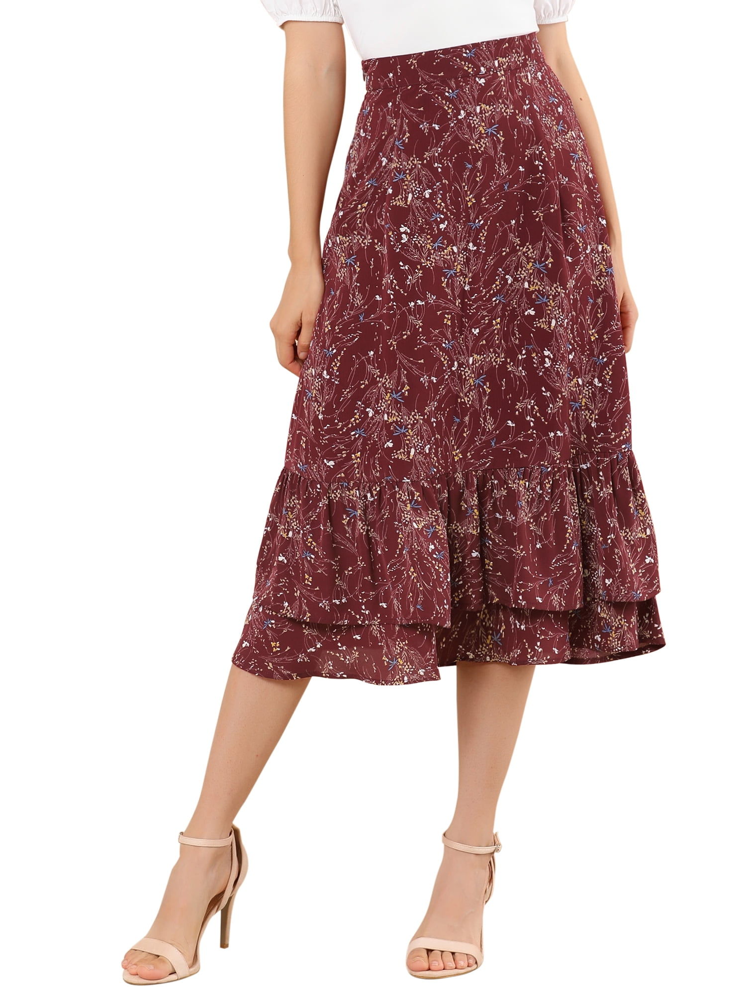 INSPIRE CHIC Women's Flowy Skirts Chiffon Elastic Waist Ruffle Tiered ...