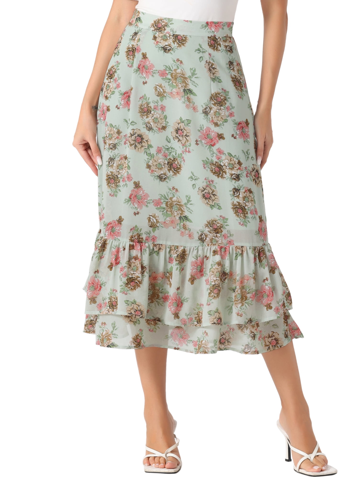 INSPIRE CHIC Women's Chiffon Skirts Elastic Waist Ruffle Tiered Floral ...