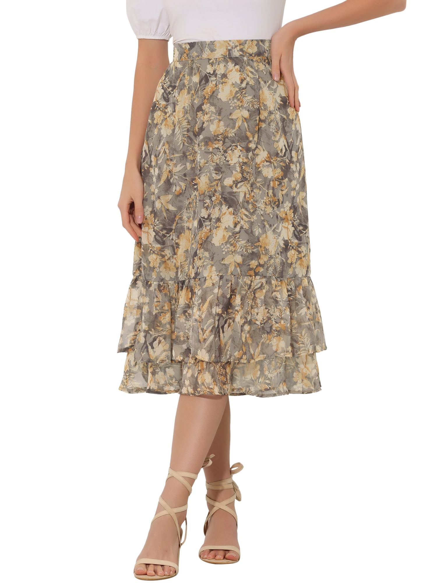 INSPIRE CHIC Women's Flowy Skirts Chiffon Elastic Waist Ruffle Tiered ...